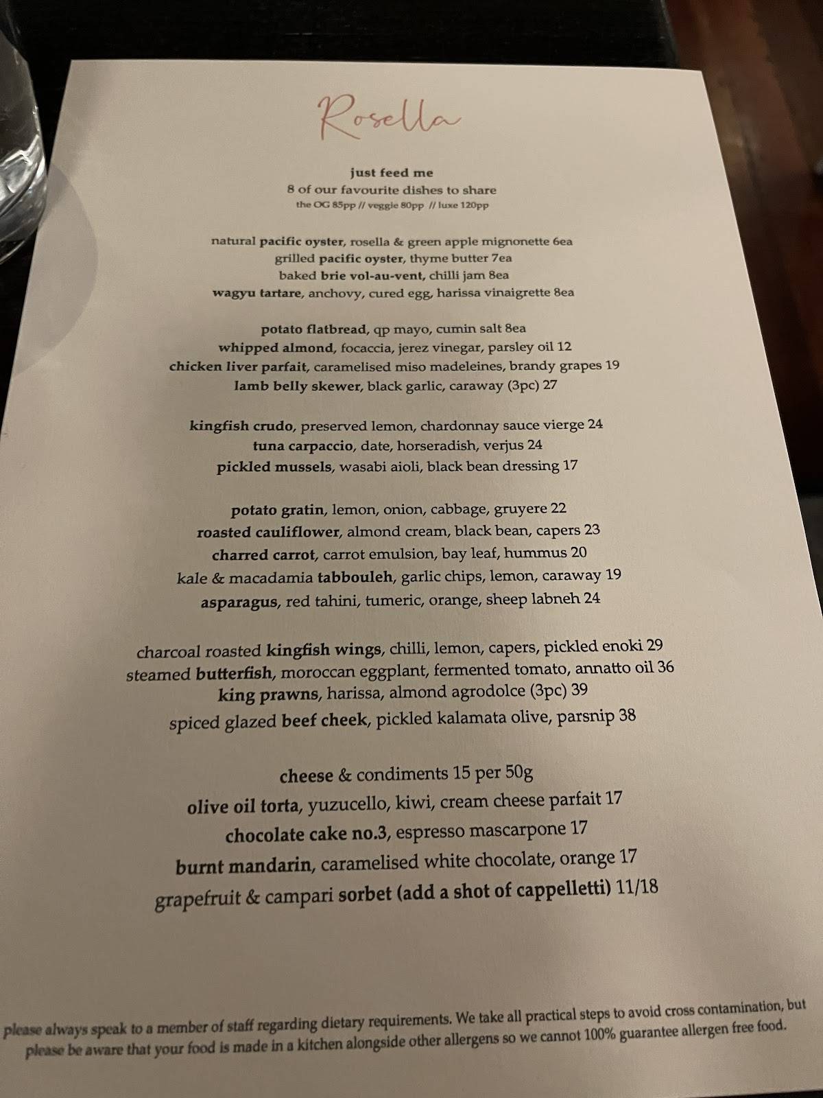 Menu at Rosella restaurant, Wellington