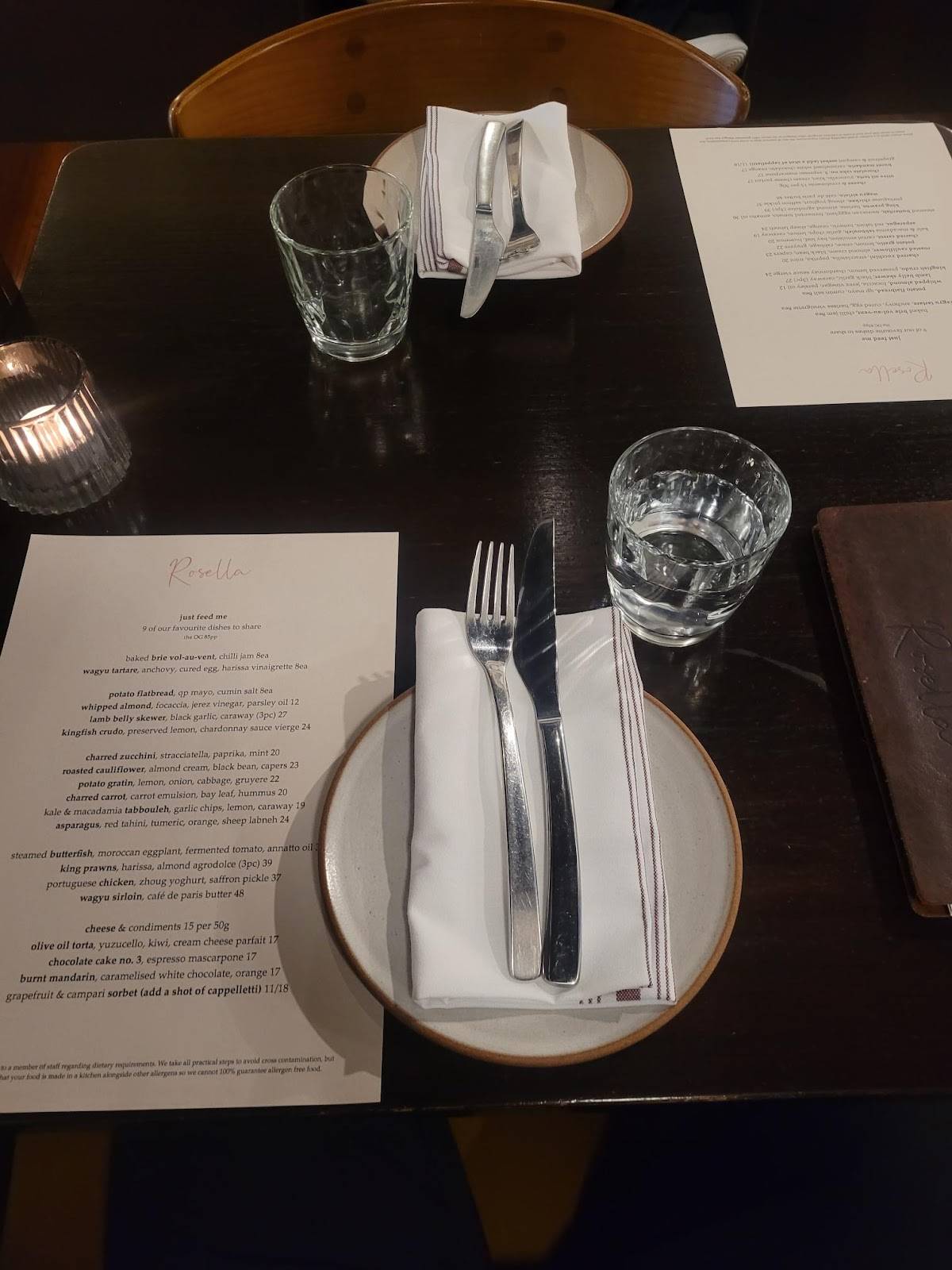 Menu at Rosella restaurant, Wellington