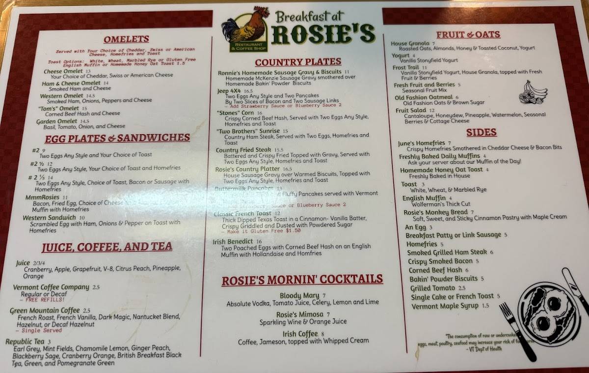 Menu at Rosie's Restaurant, Middlebury, 886 US-7