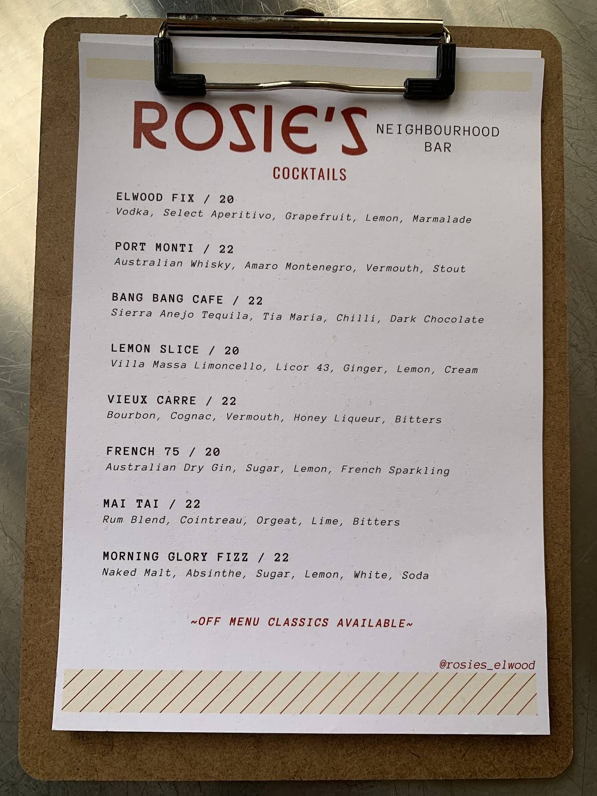 Menu at Rosie's pub & bar, Elwood