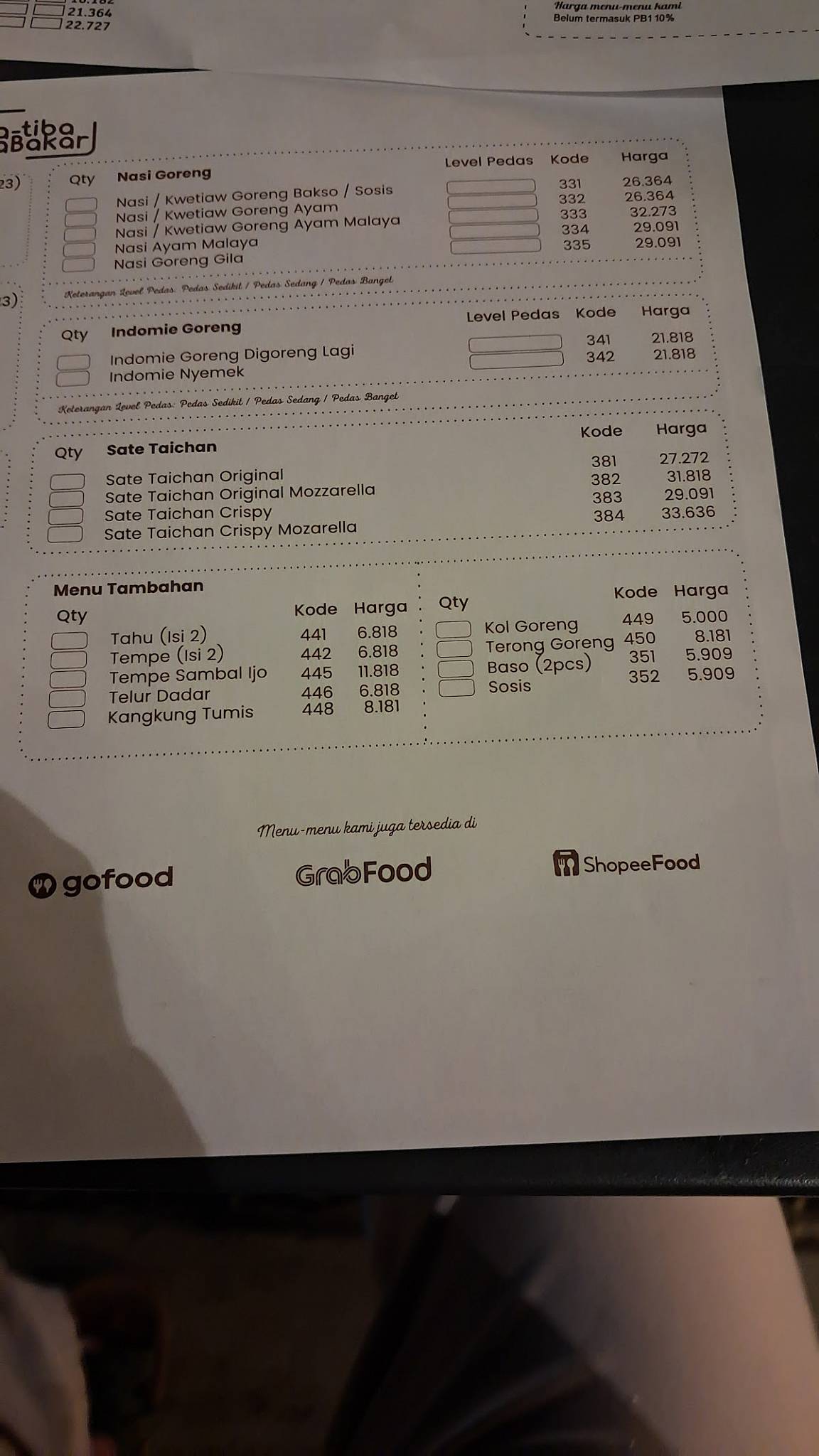 Carta del café Roti Bakar 88 Harvest Box, Mekarsari