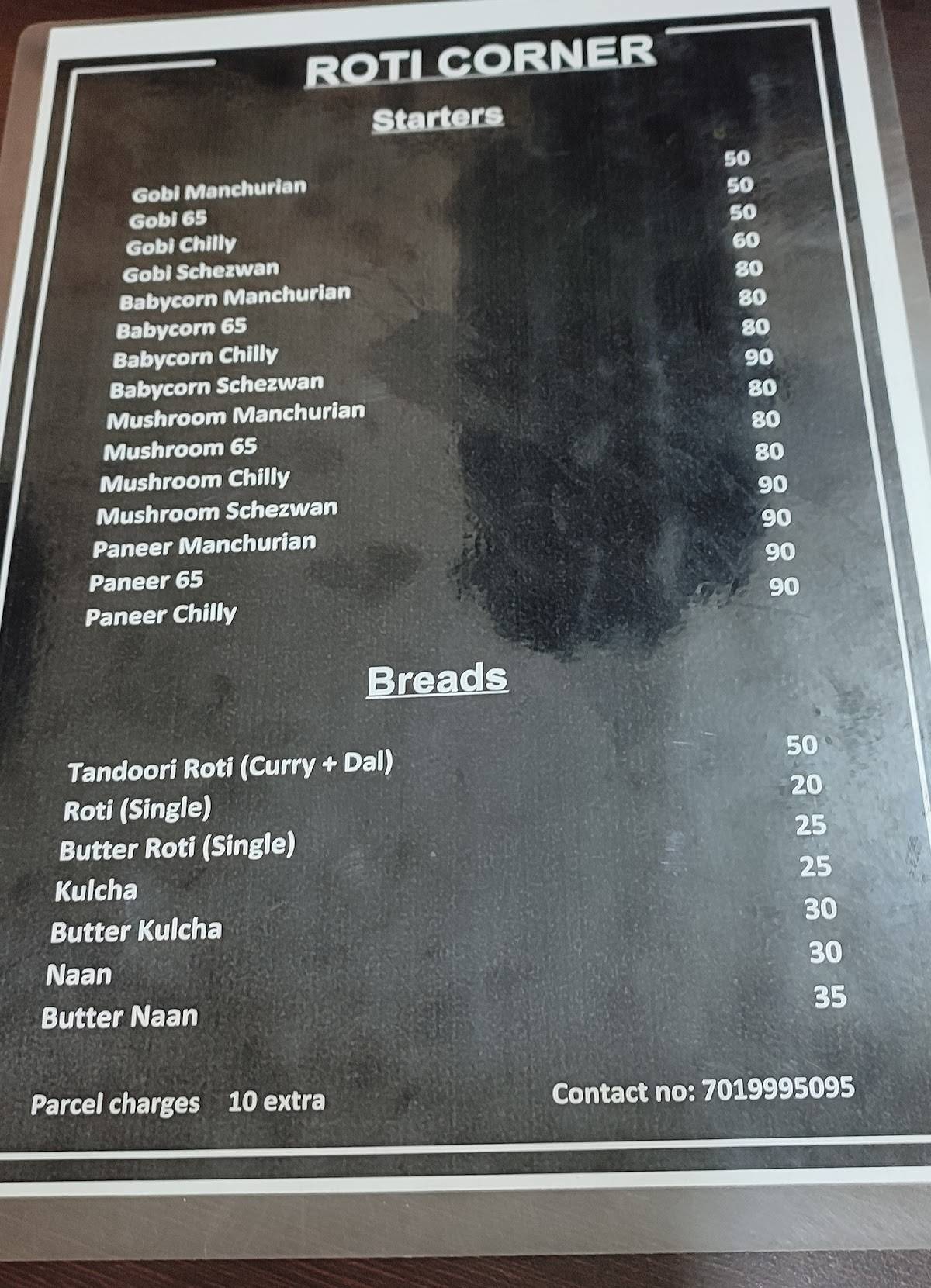 Menu at Roti corner, Bengaluru