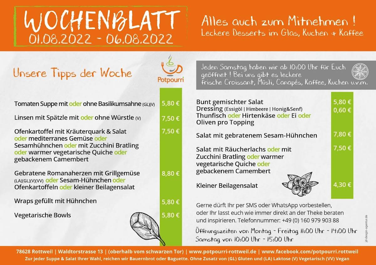 Speisekarte von Potpourri Rottweil Markthalle restaurant, Rottweil