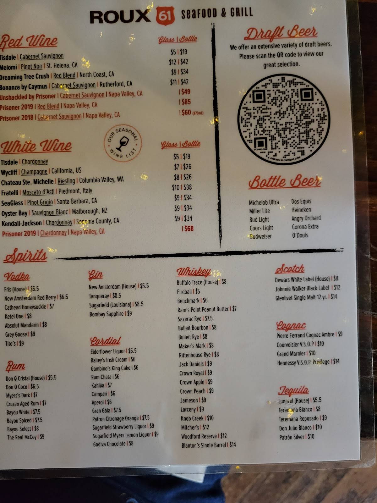 Menu at Roux 61 Seafood & Grill restaurant, Baton Rouge