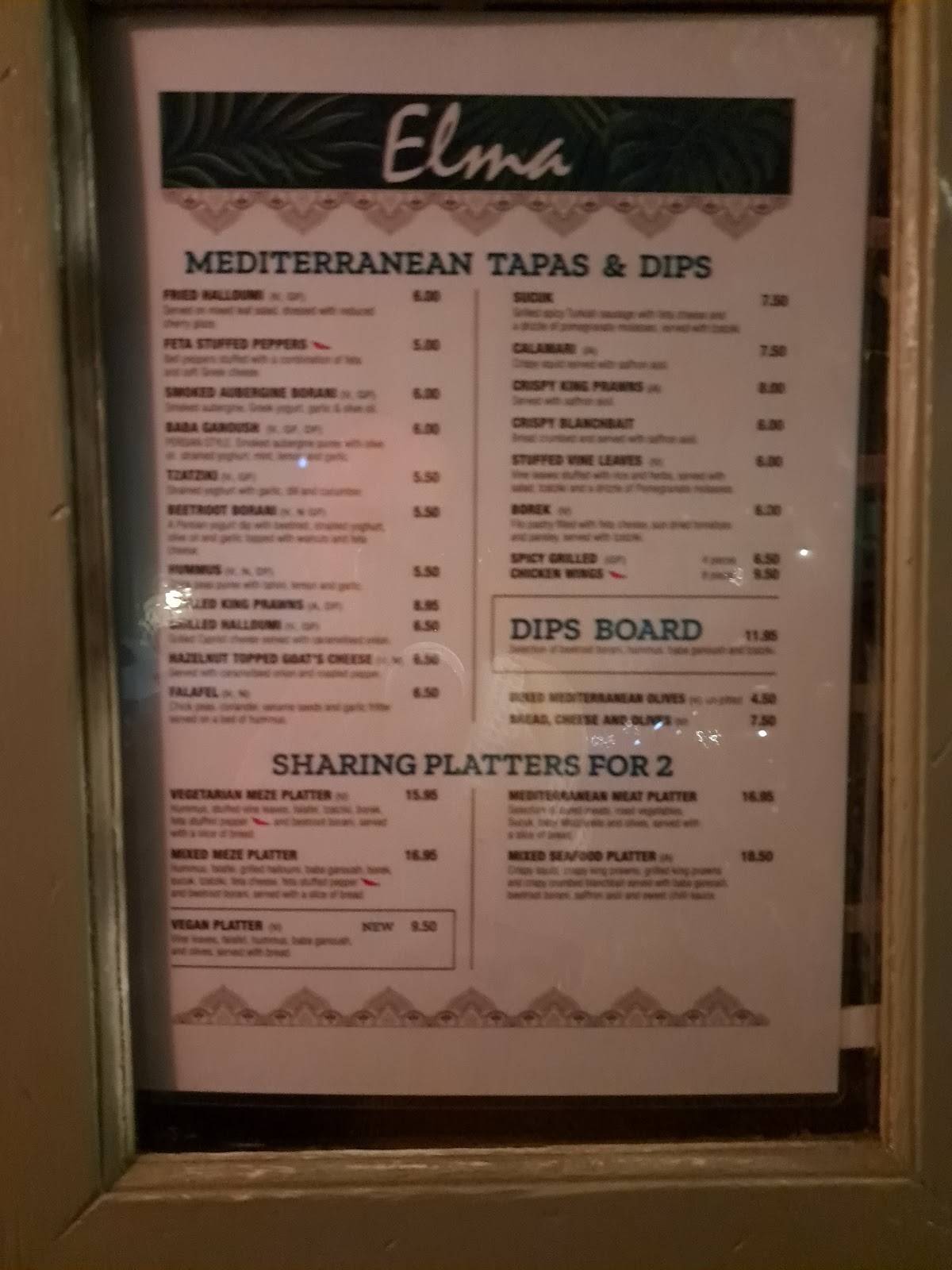 Menu at Elma Restaurant, Royal Leamington Spa