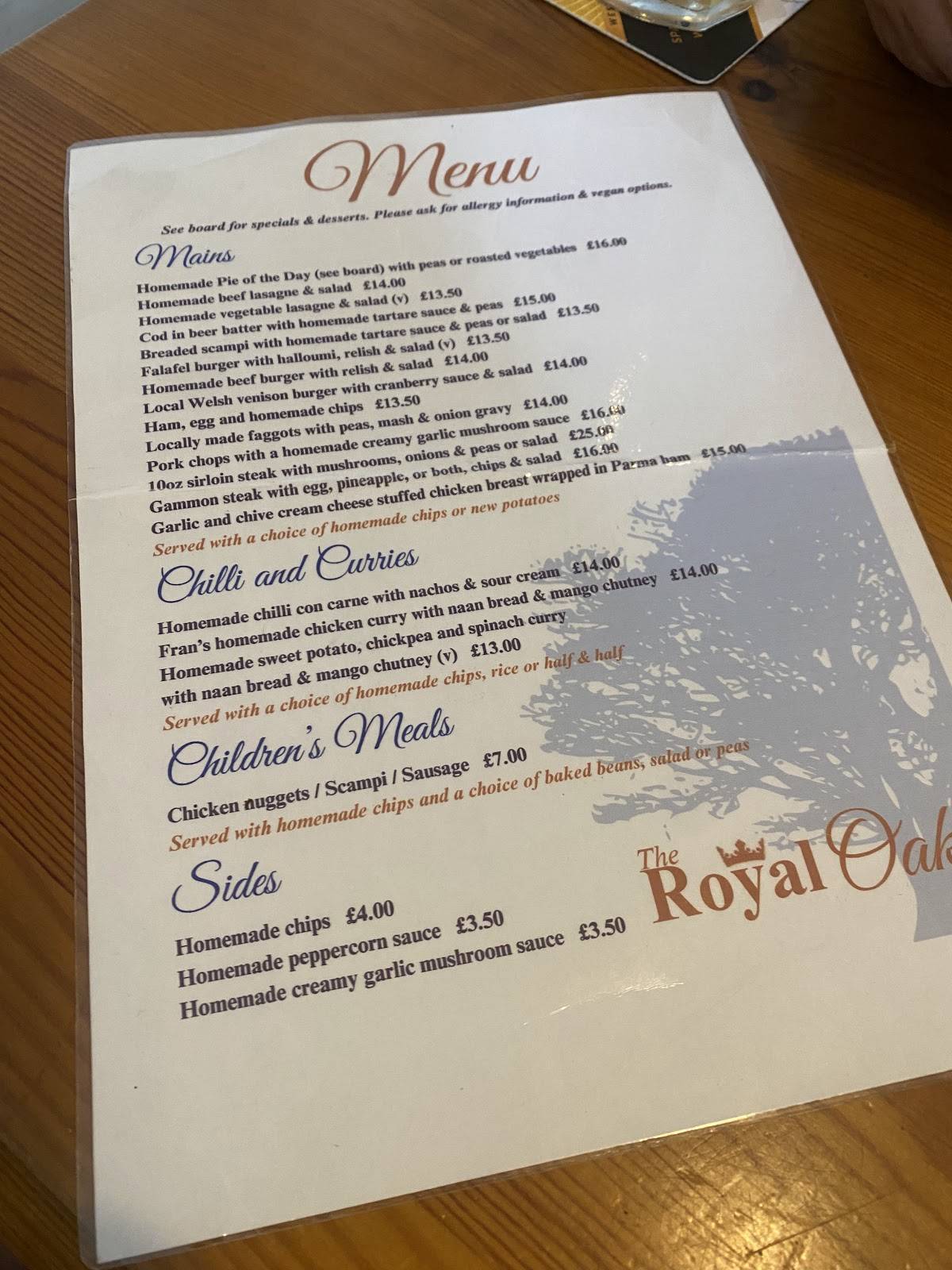 Menu at Royal Oak pub & bar, Kilsby, Pencelli