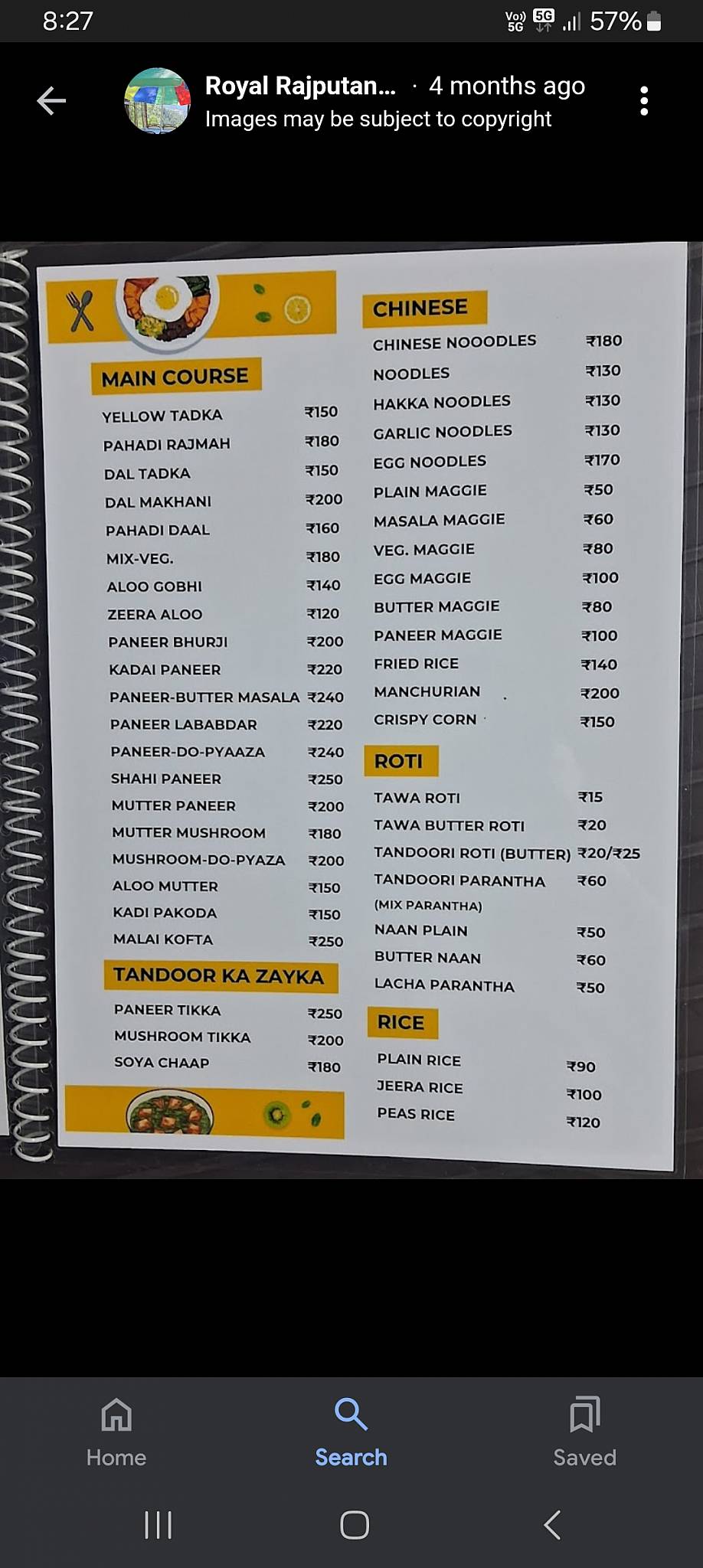 Menu at Royal Rajputana Bhojnalaya, Chail