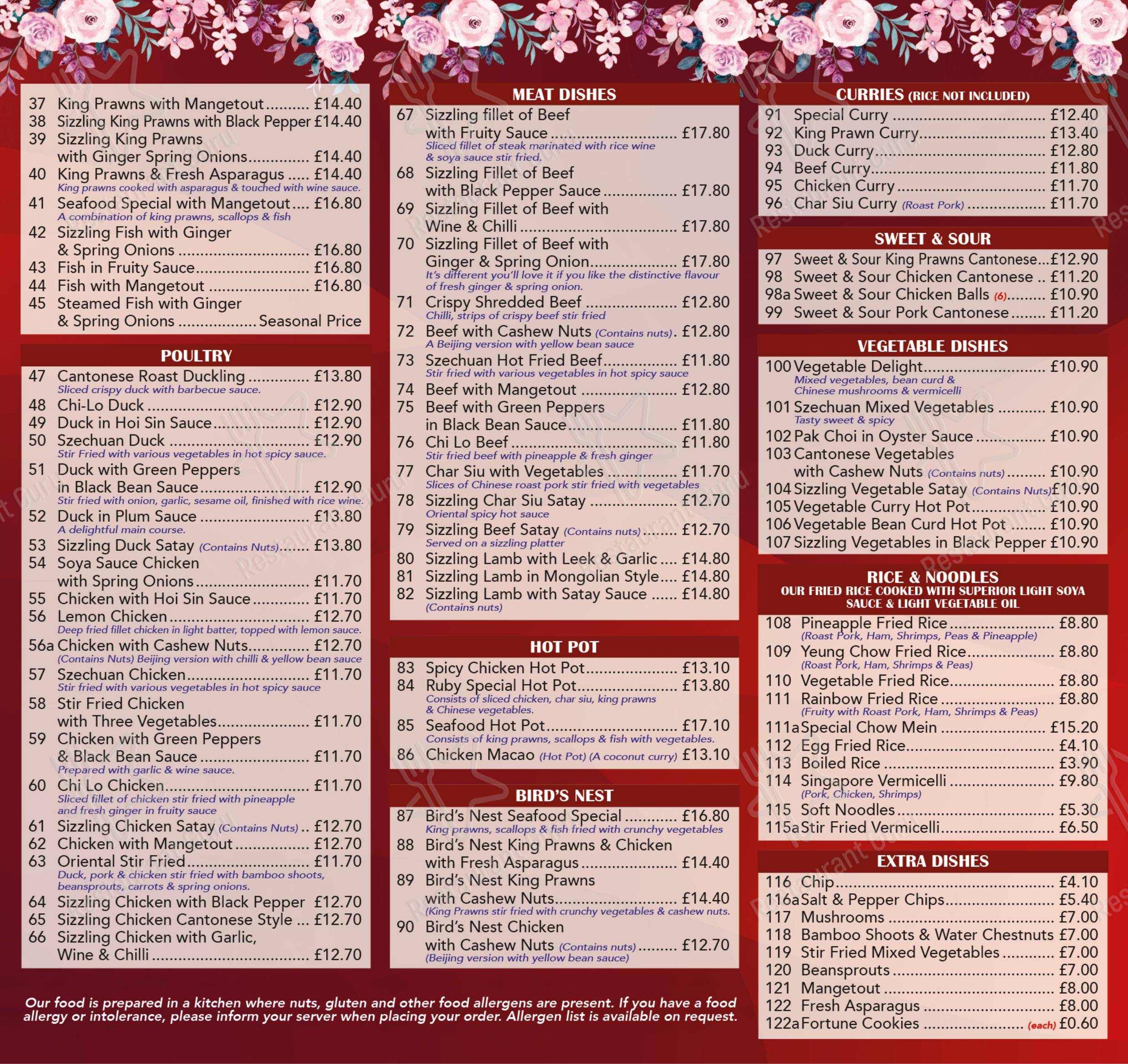 Menu at Ruby Cantonese Restaurant, Stourbridge