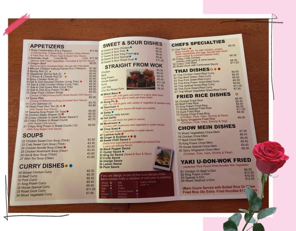 Menu at Ruby's Chinese Restaurant and Takeaway, Pallaskenry