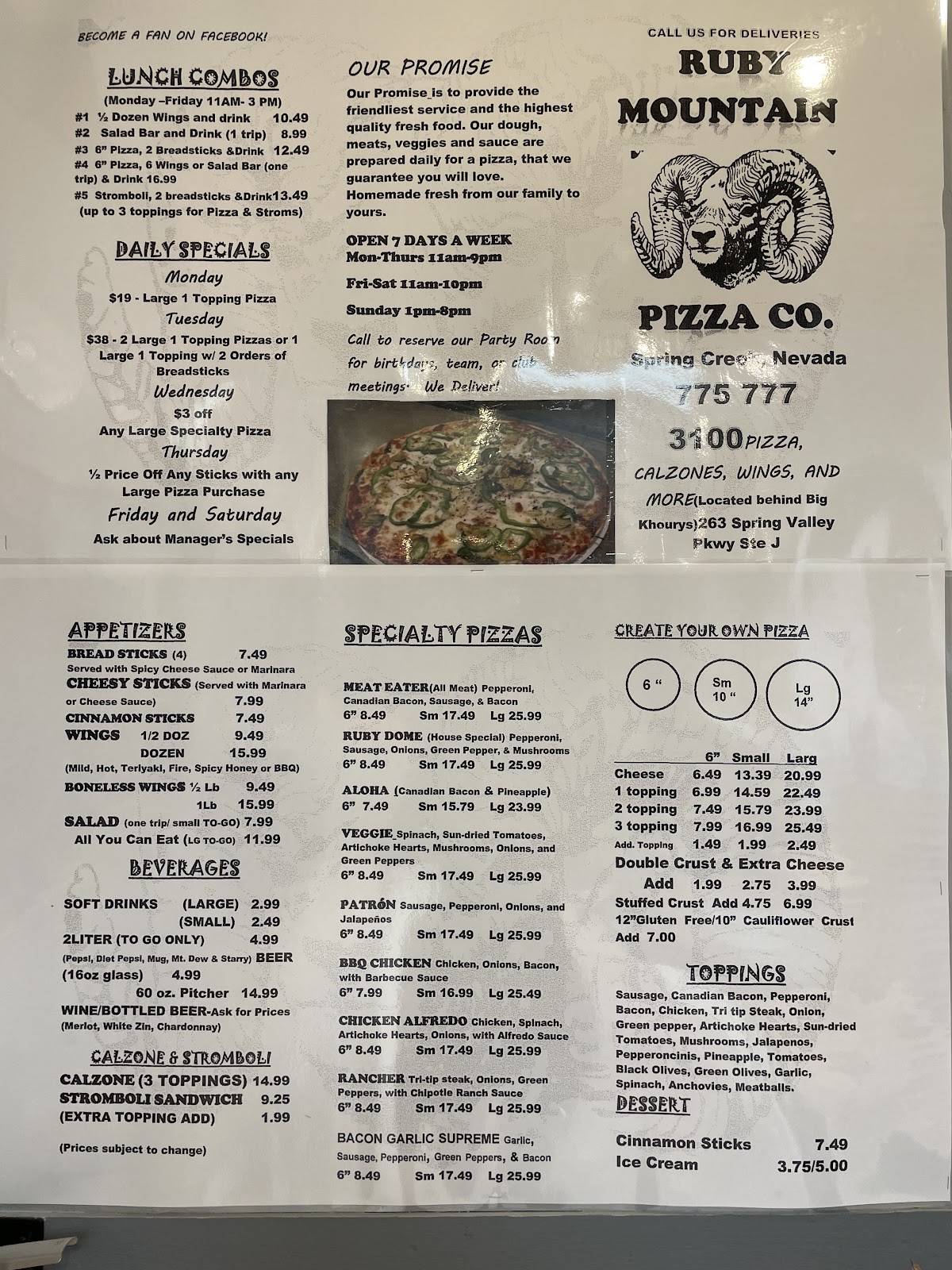 Menu at Ruby Mountain Pizza Co pizzeria, Spring Creek