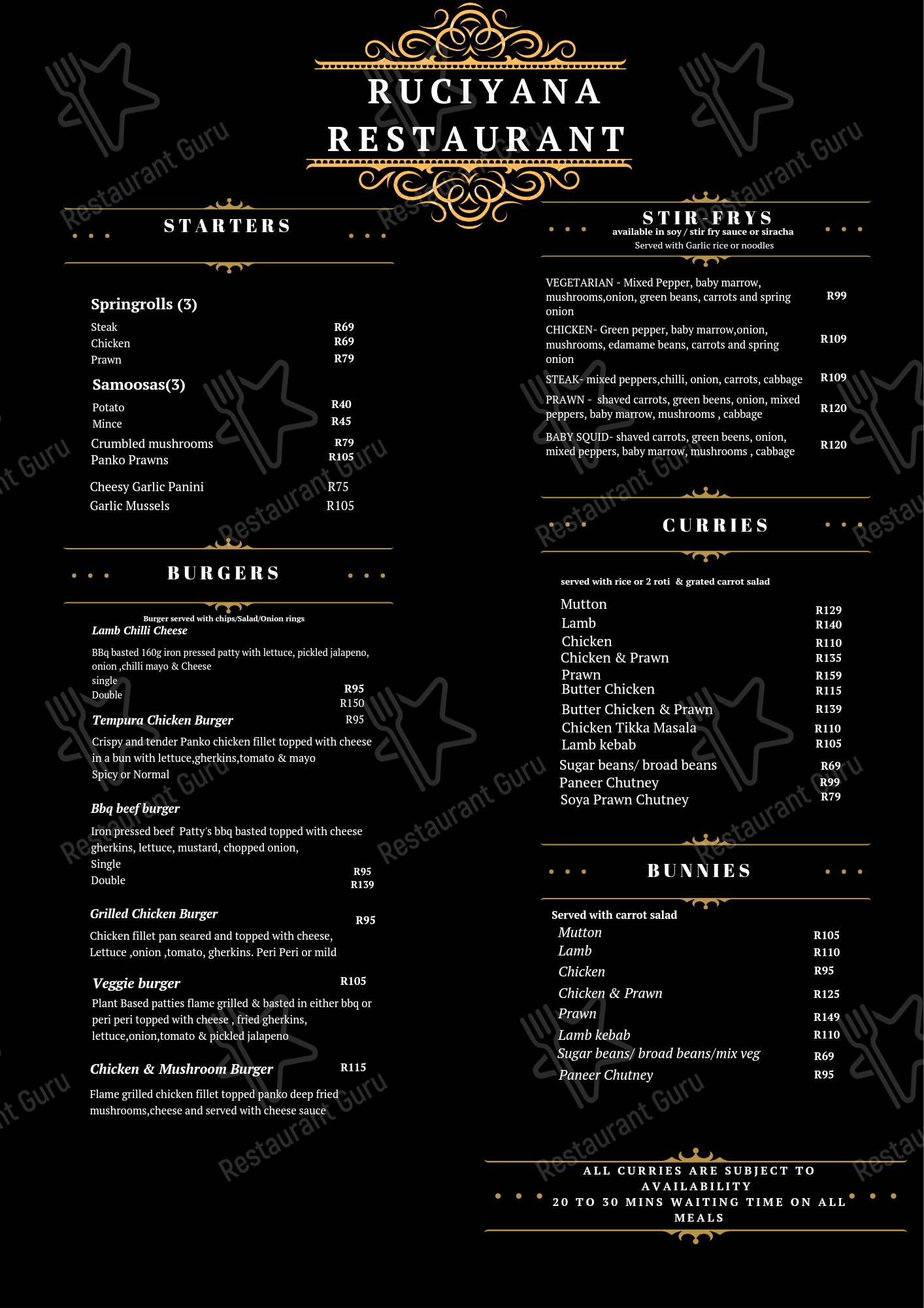 Menu at Ruciyana Restaurant, Umhlanga