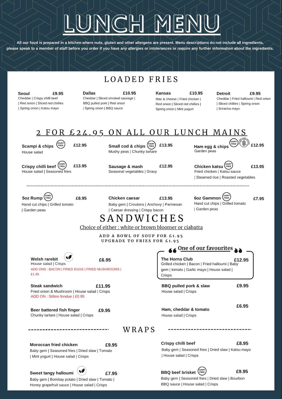 Menu at The Horns Inn, Slitting Mill pub & bar, Rugeley