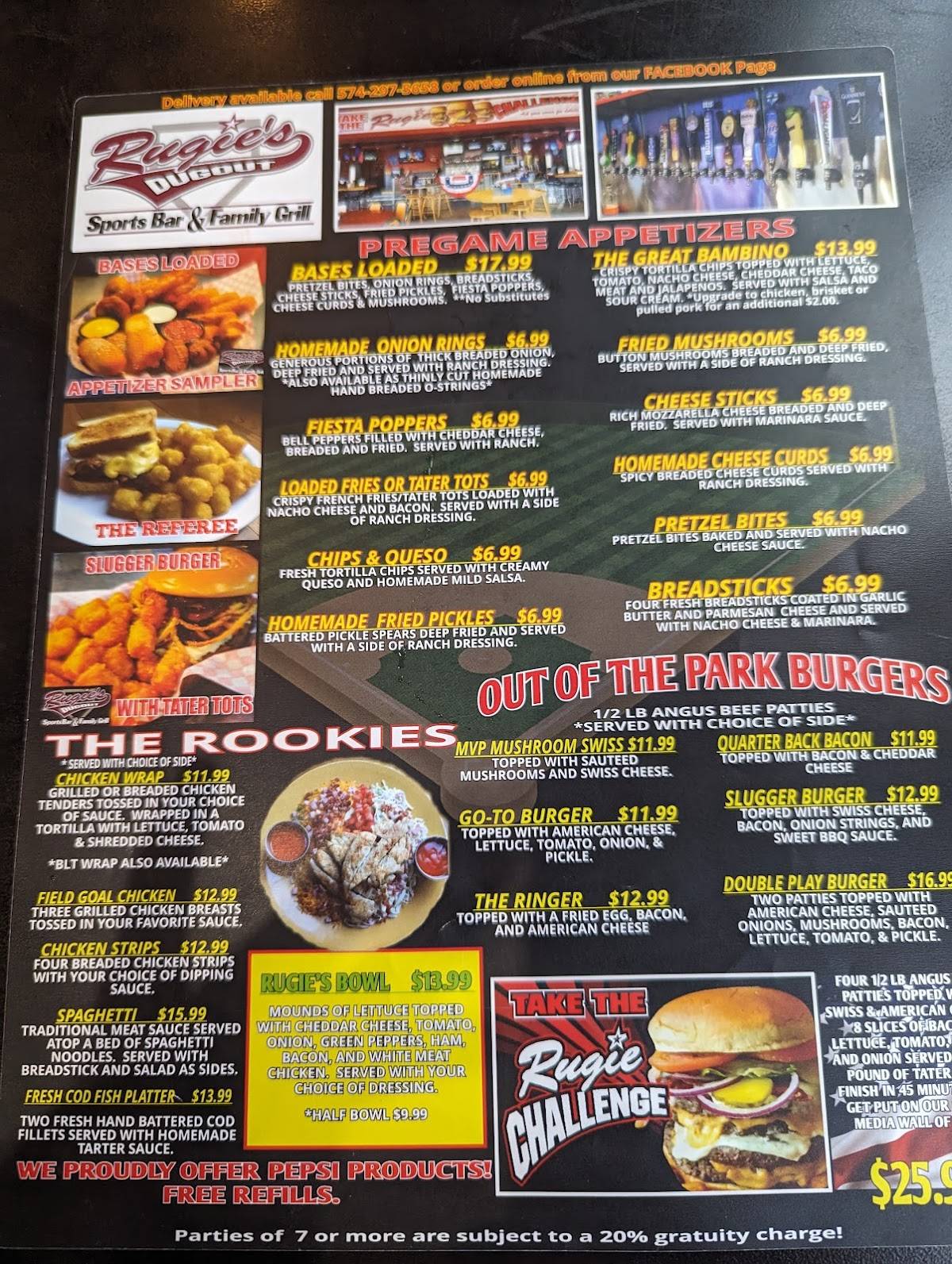 Menu at Rugies Dugout pub & bar, Monticello