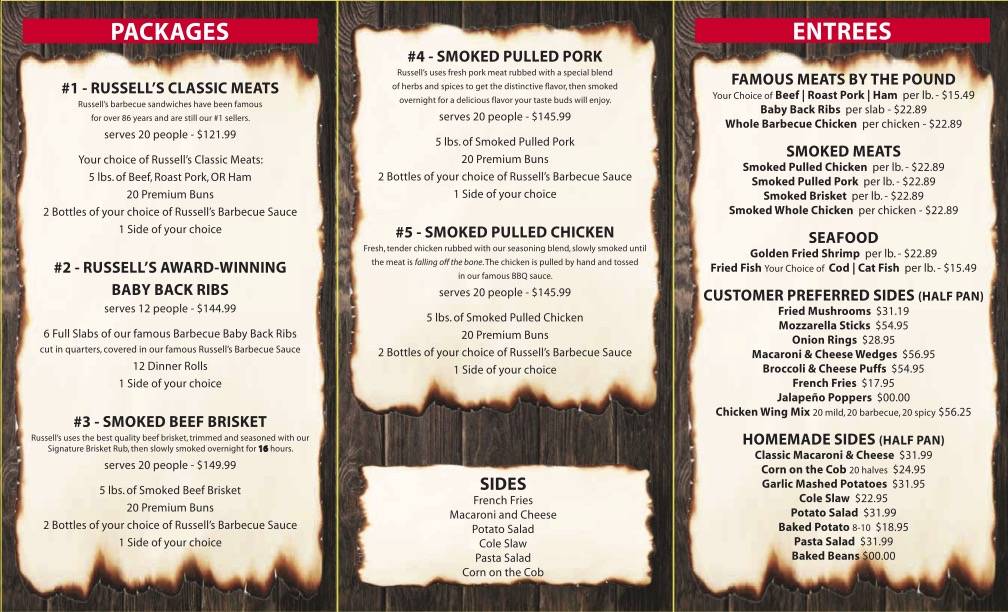 Menu at Russell's Barbecue, Elmwood Park, N Thatcher Ave