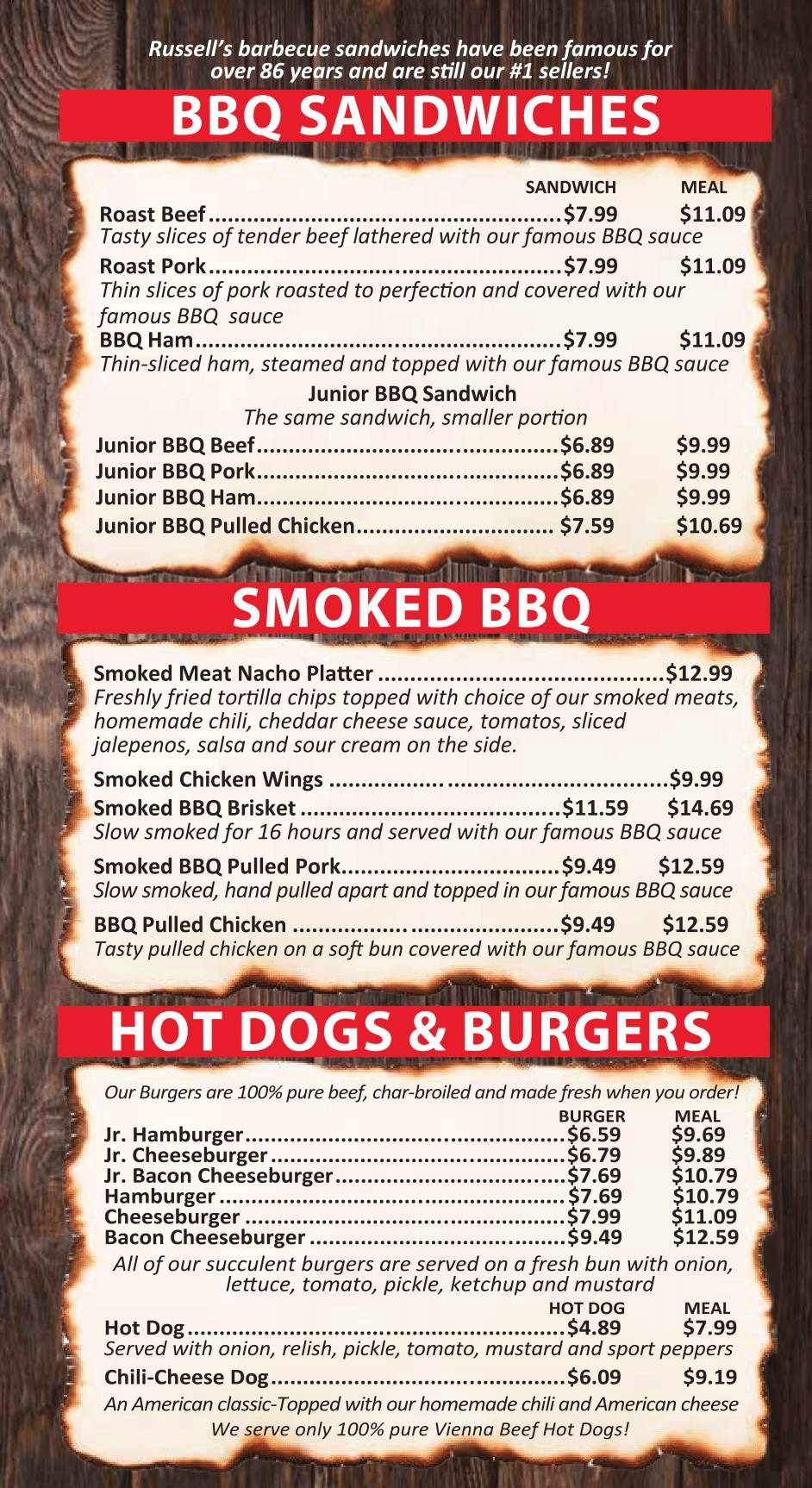 Menu at Russell's Barbecue, Elmwood Park, Thatcher Ave