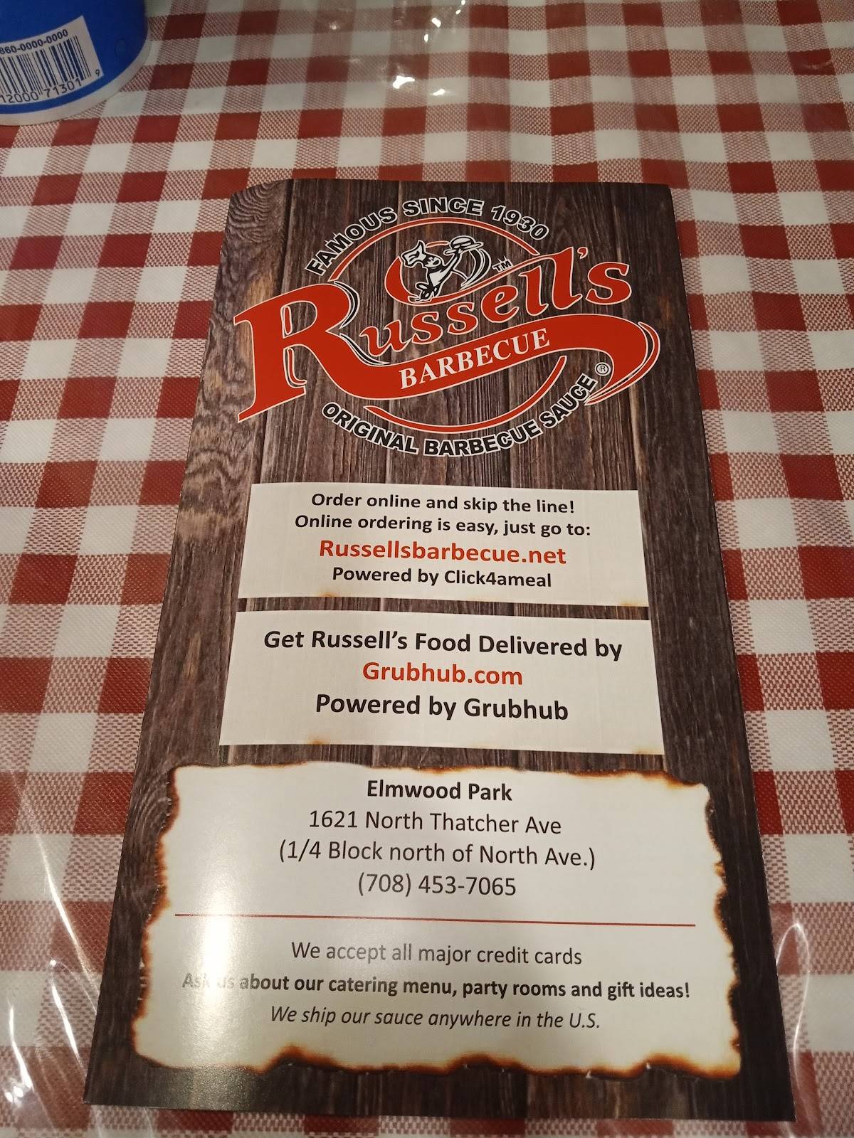 Menu at Russell's Barbecue, Elmwood Park, N Thatcher Ave