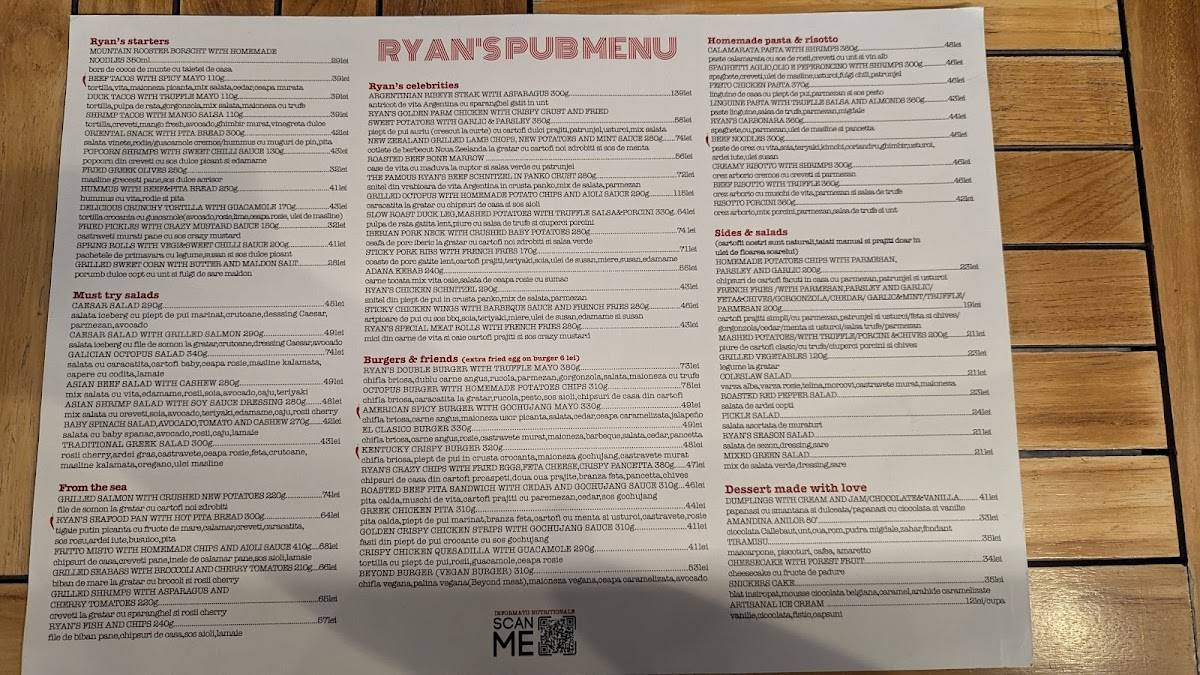 Menu at Ryan's Pub, Bucharest