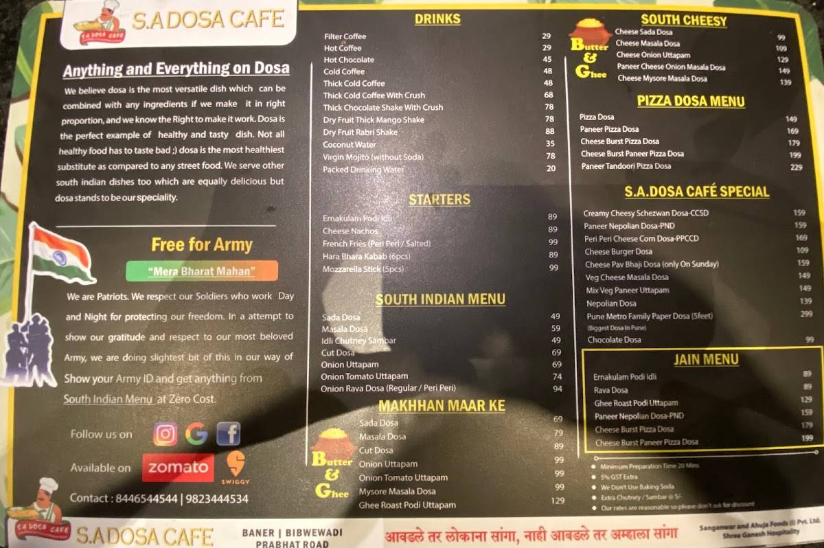 Menu at SA DOSA CAFE, Pune, Shop no