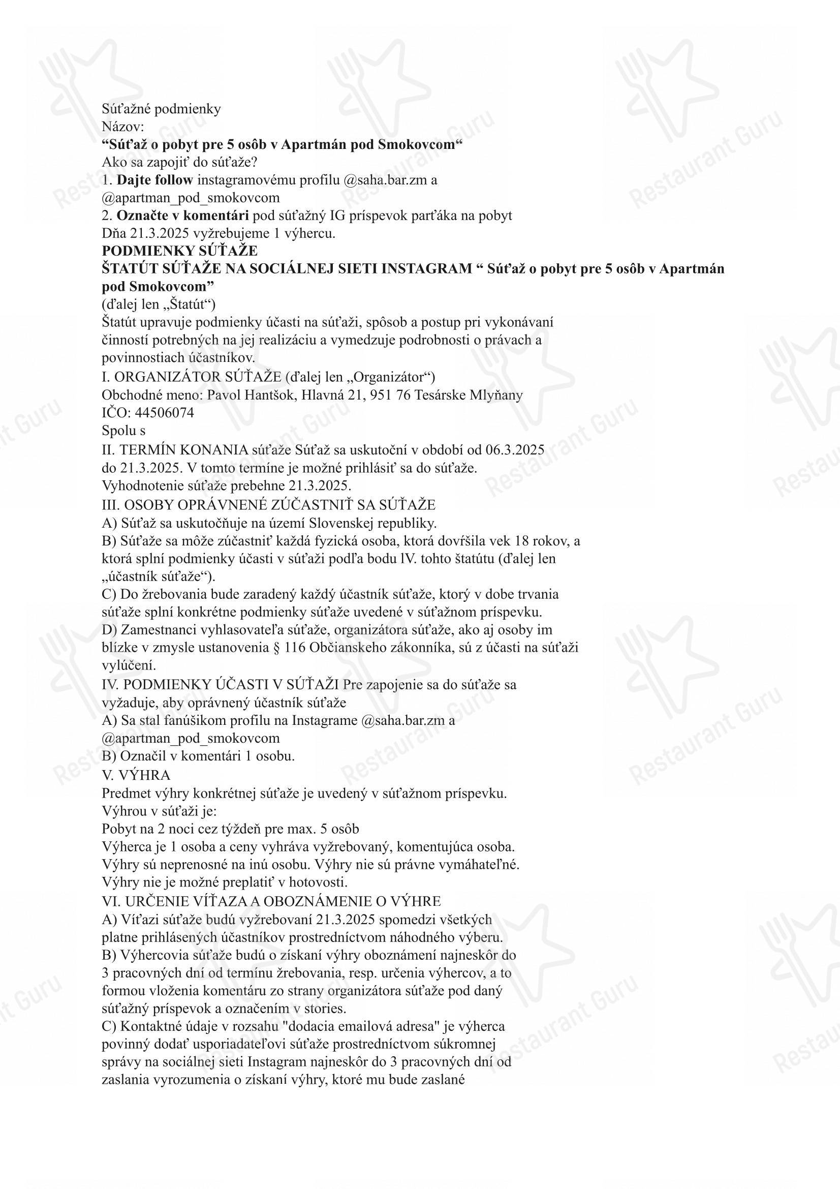 Menu au SAHA BAR, Zlaté Moravce
