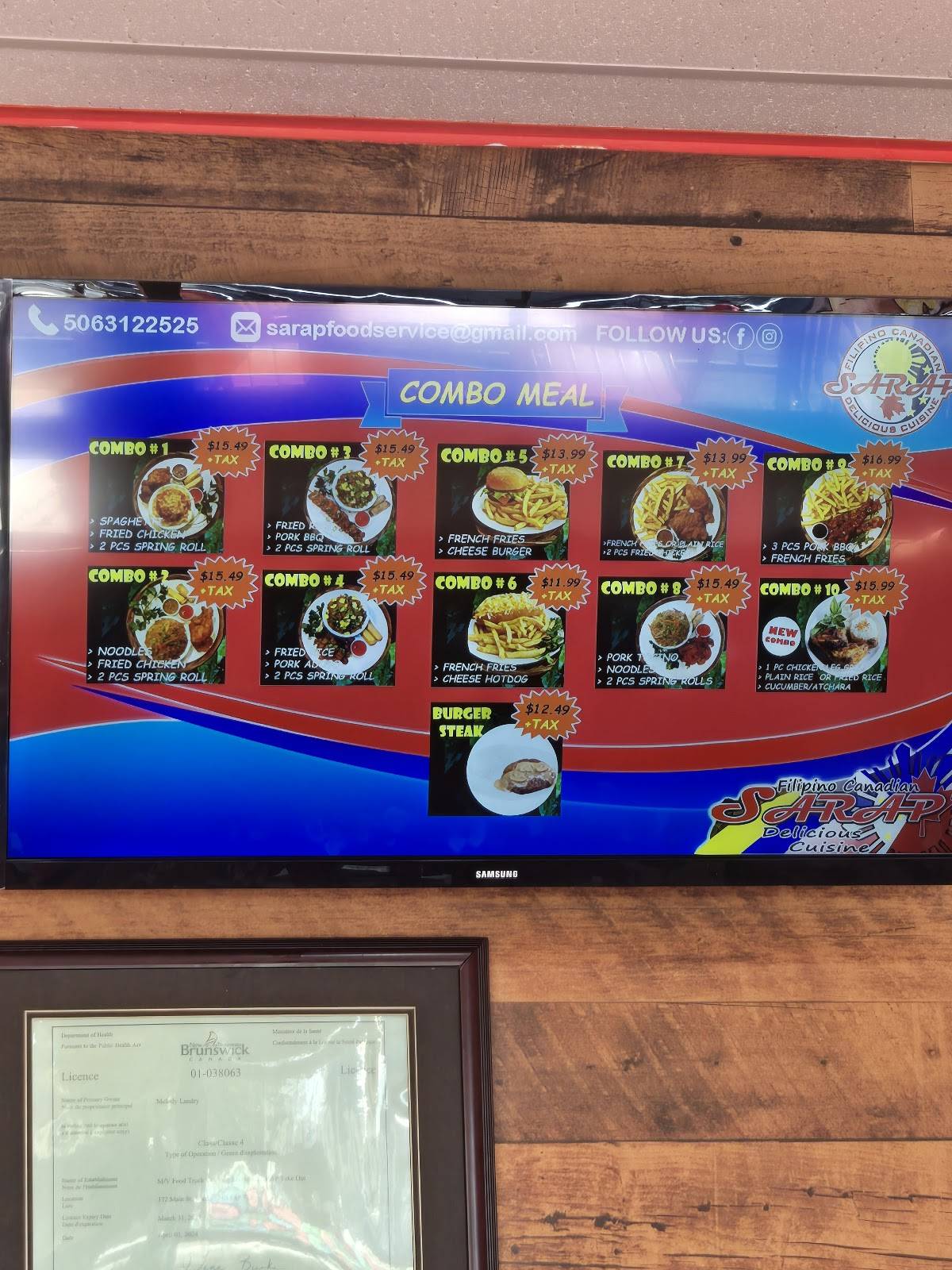 Menu au SARAP (Filipino Canadian ) Take Out/Restaurant), Shediac