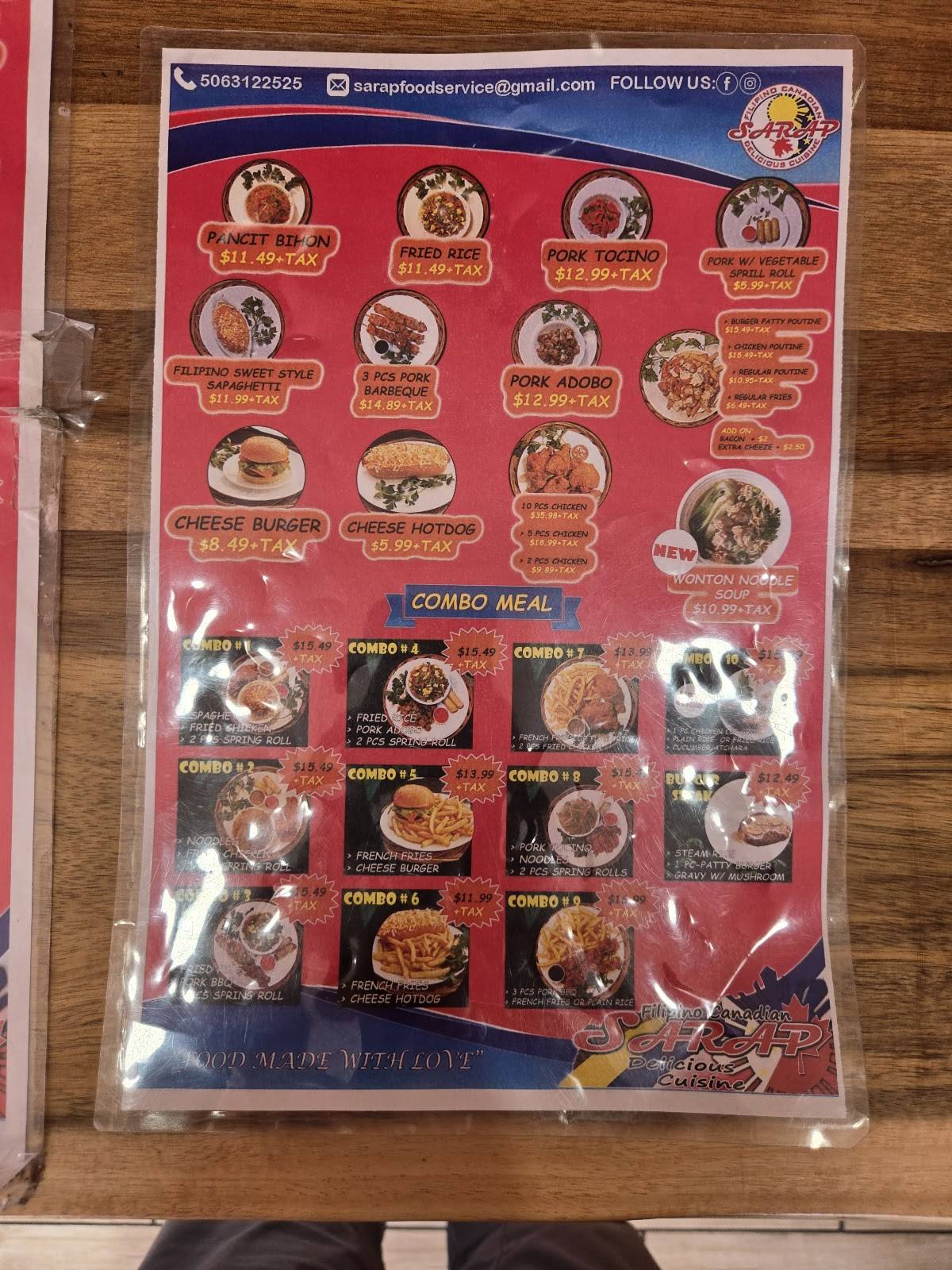 Menu au SARAP (Filipino Canadian ) Take Out/Restaurant), Shediac