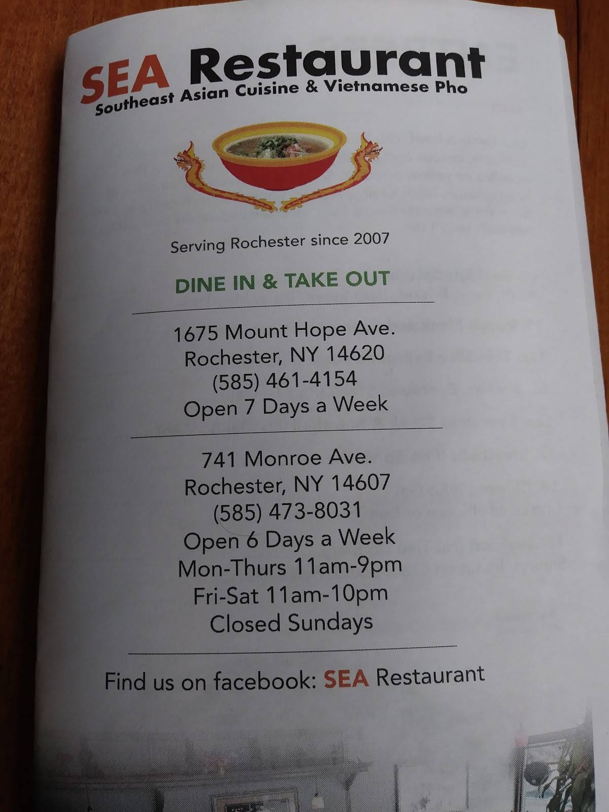 Menu at SEA Restaurant, Rochester, Mt Hope Ave