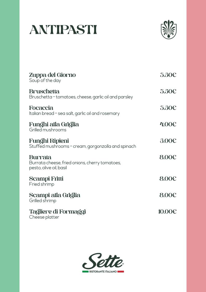 Menu at SETTE - Ristorante Italiano restaurant, Prishtina