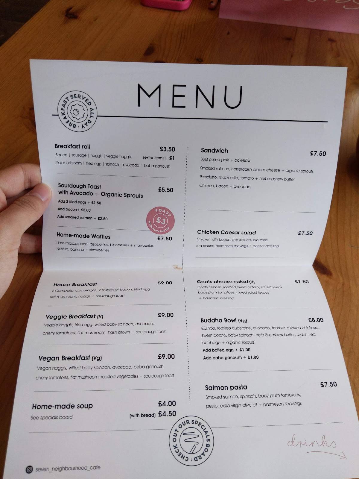 Menu at SEVEN neighbourhood cafe, Edinburgh