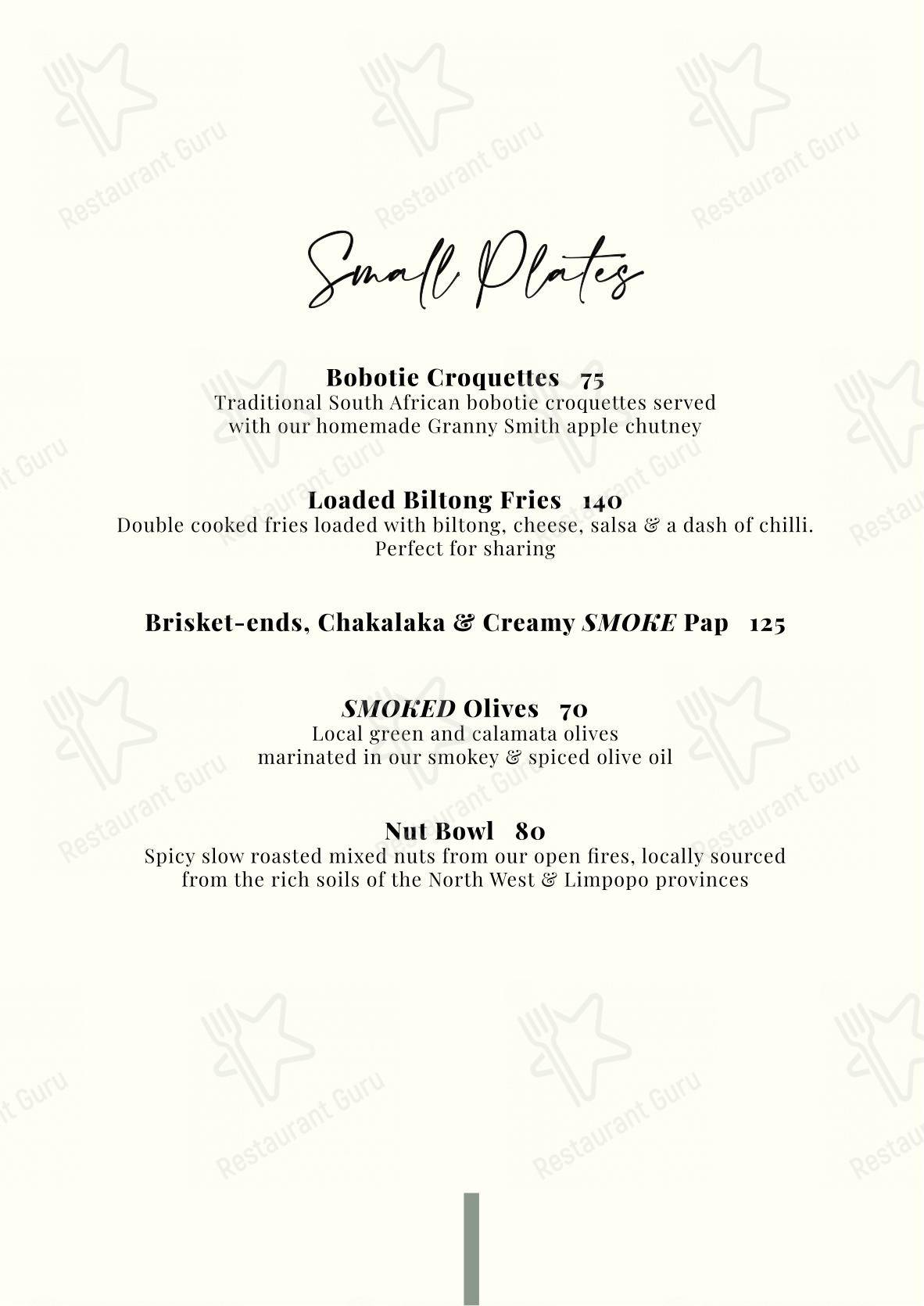 Menu at SMOKE Pretoria pub & bar, Pretoria