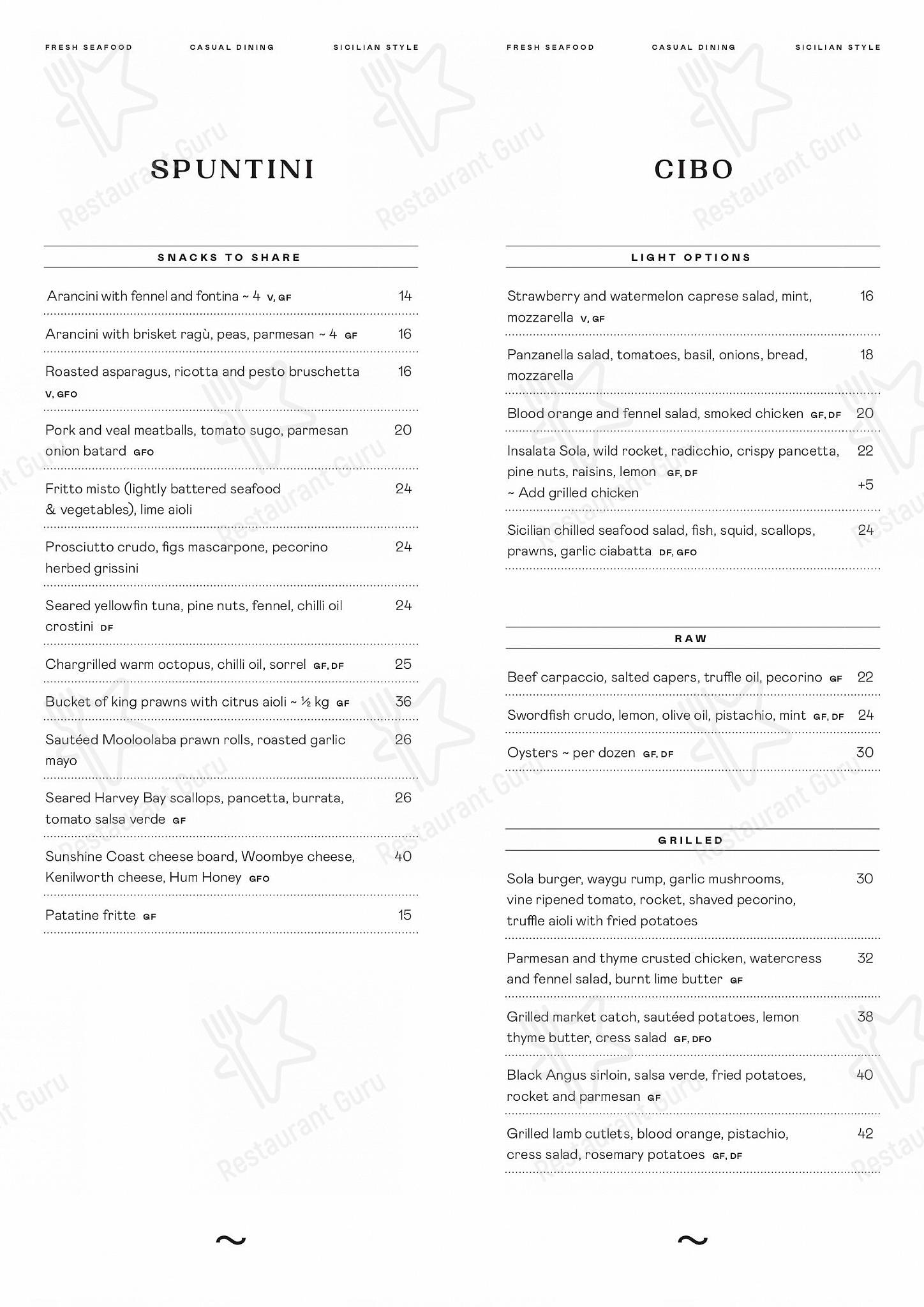 Menu at Sola Bar & Restaurant, Twin Waters