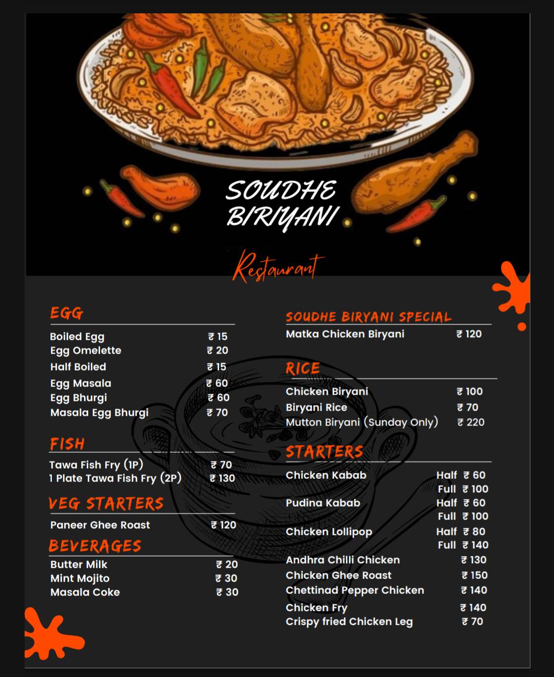 Menu at SOUDHE BIRYANI, India