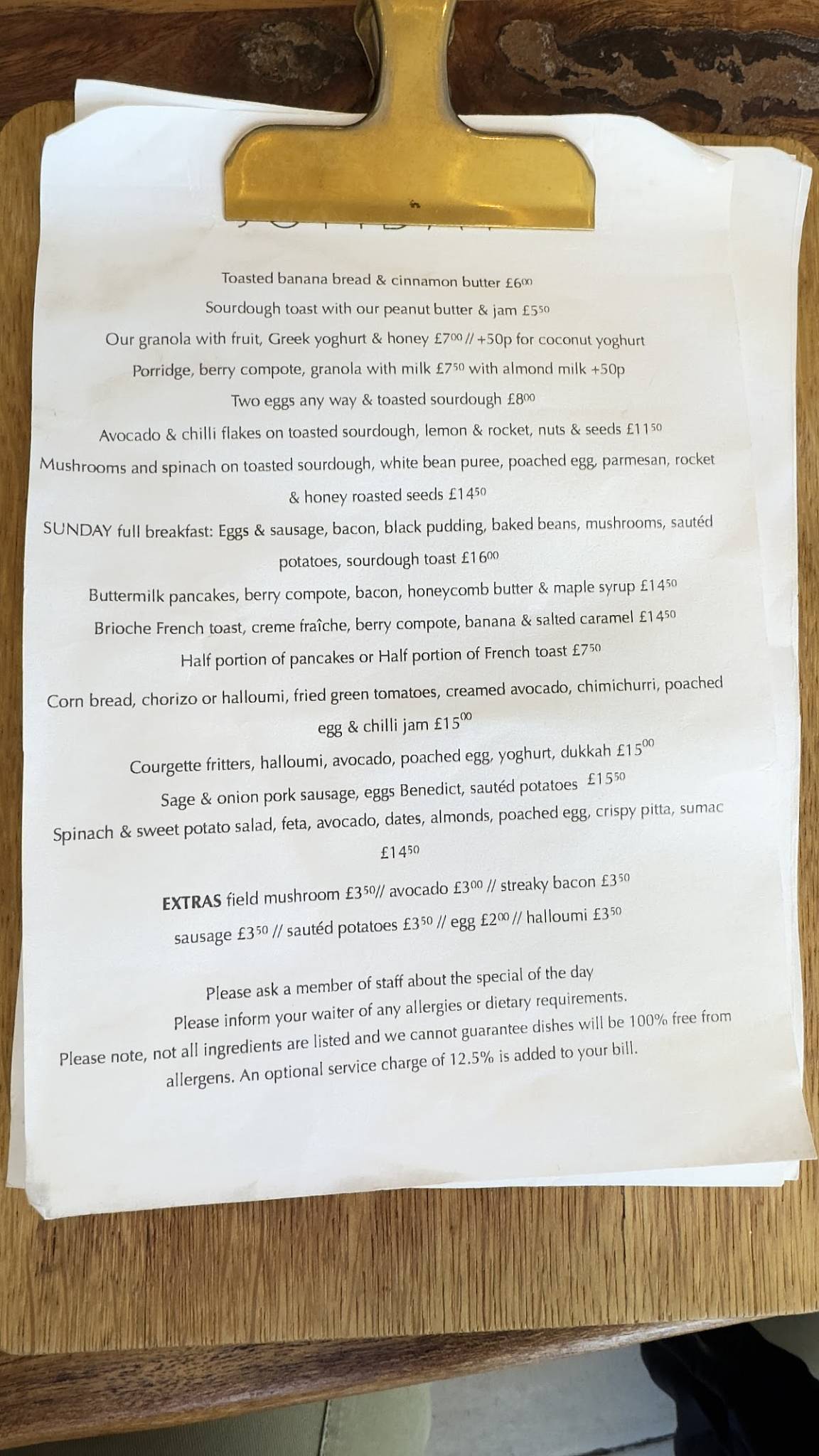 Menu at SUNDAY cafe & restaurant, London