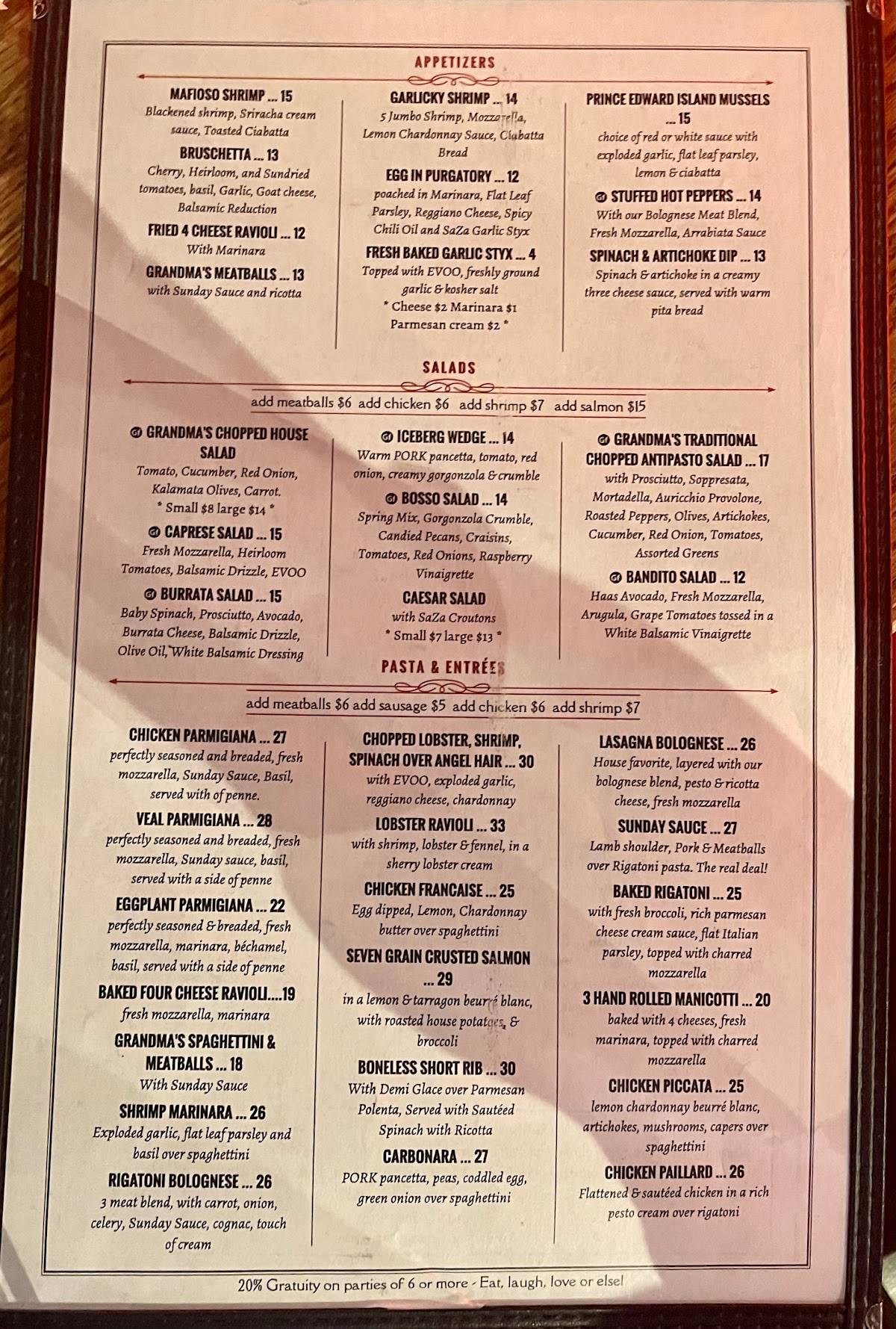 Menu at SaZa Serious Italian Food restaurant, Montgomery, 130 Commerce St