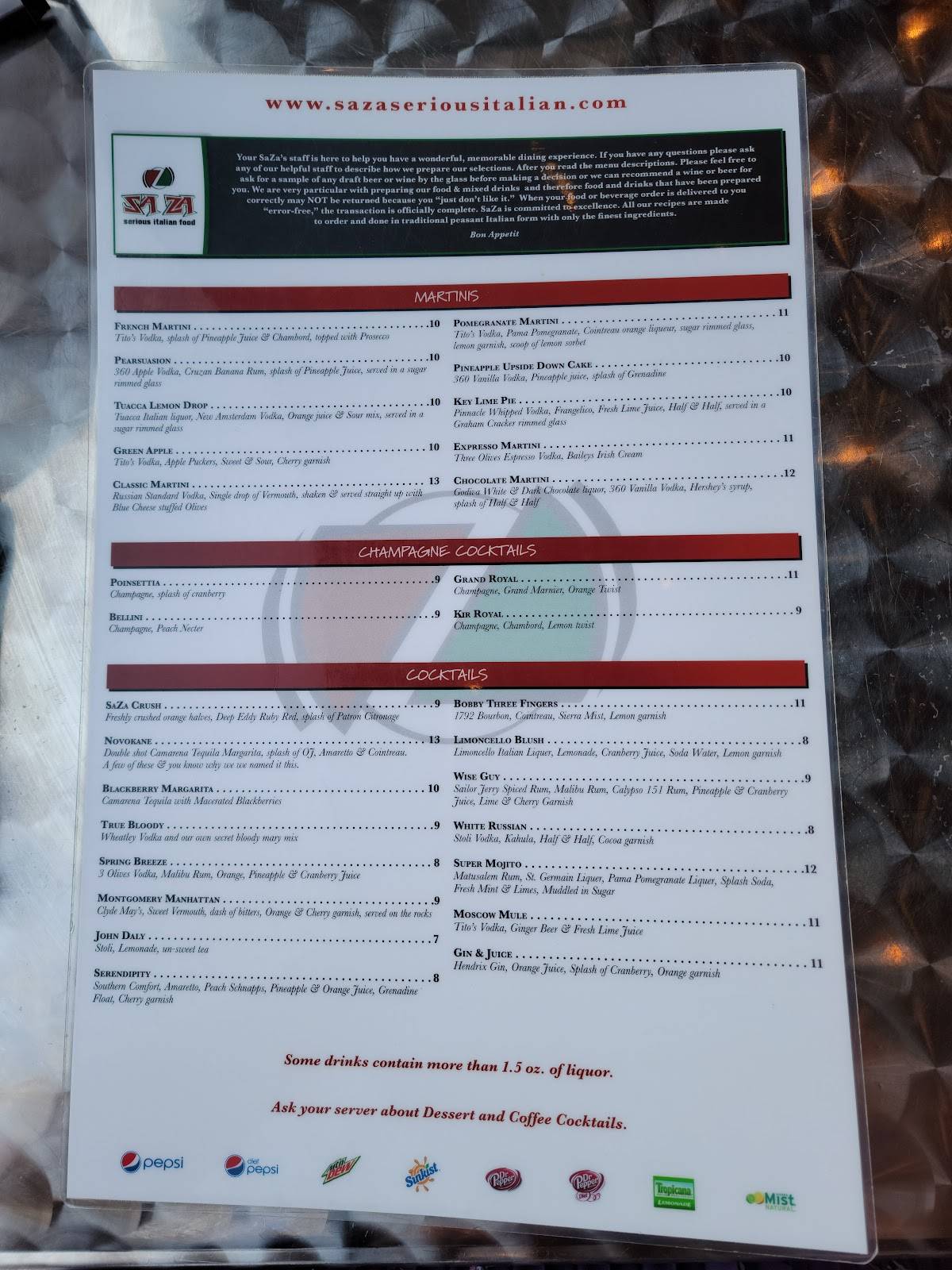 Menu at SaZa Serious Italian Food restaurant, Montgomery, 130 Commerce St
