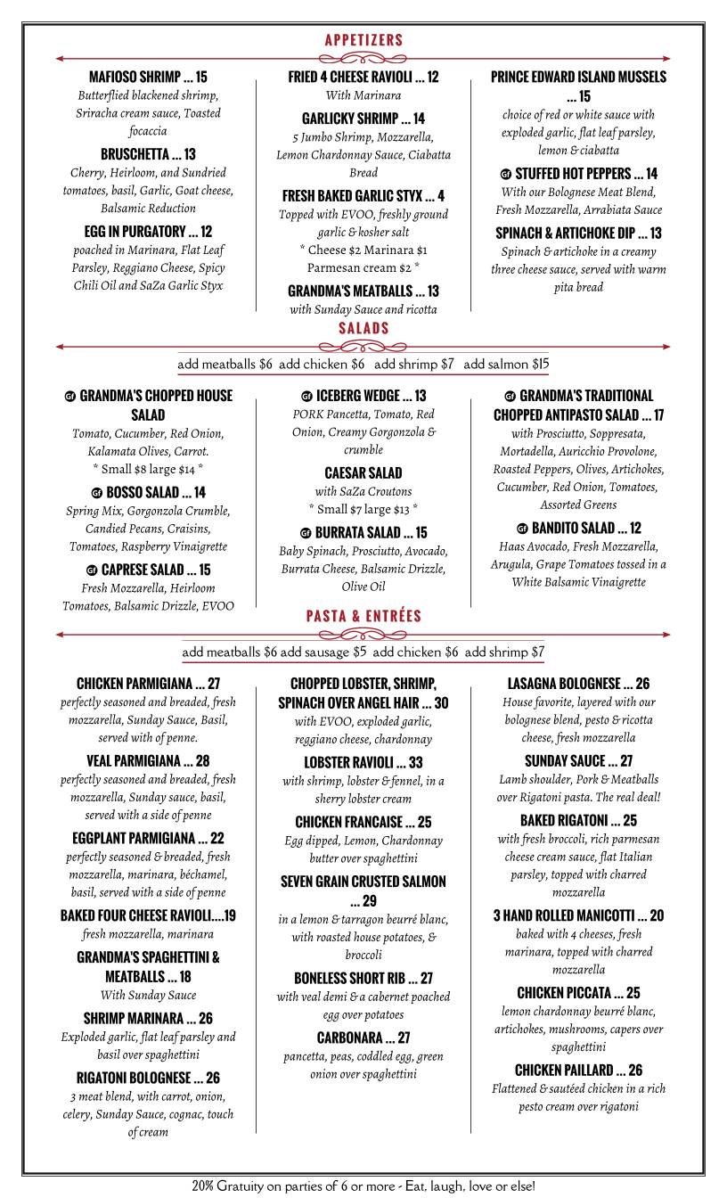 Menu at SaZa Serious Italian Food restaurant, Montgomery, 130 Commerce St