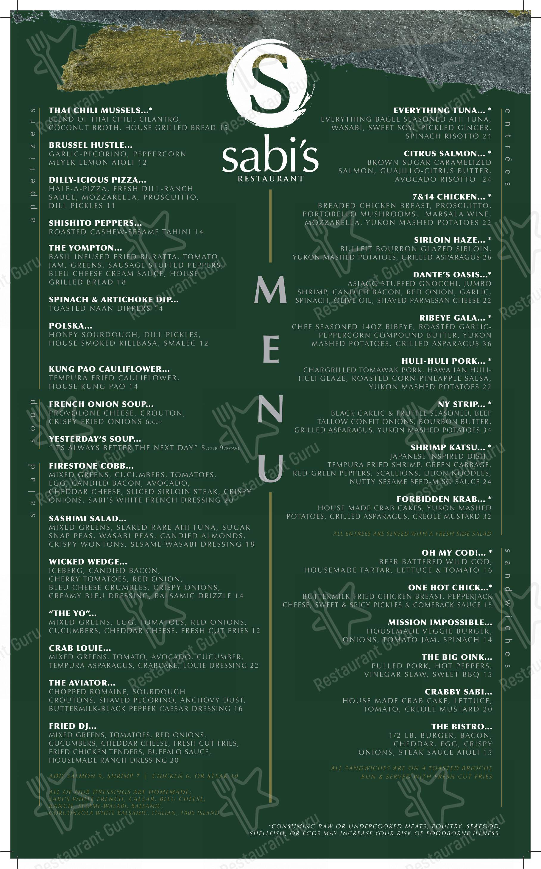 Menu at Sabi's pub & bar, Columbiana