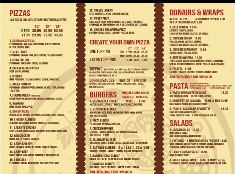 Menu at Sabrina's Pizzeria, Blackfalds