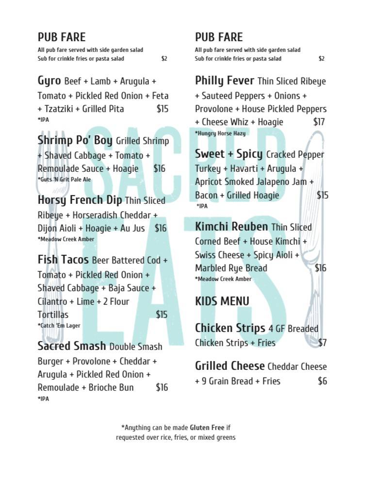 Carta del pub y bar Sacred Eats, Kalispell