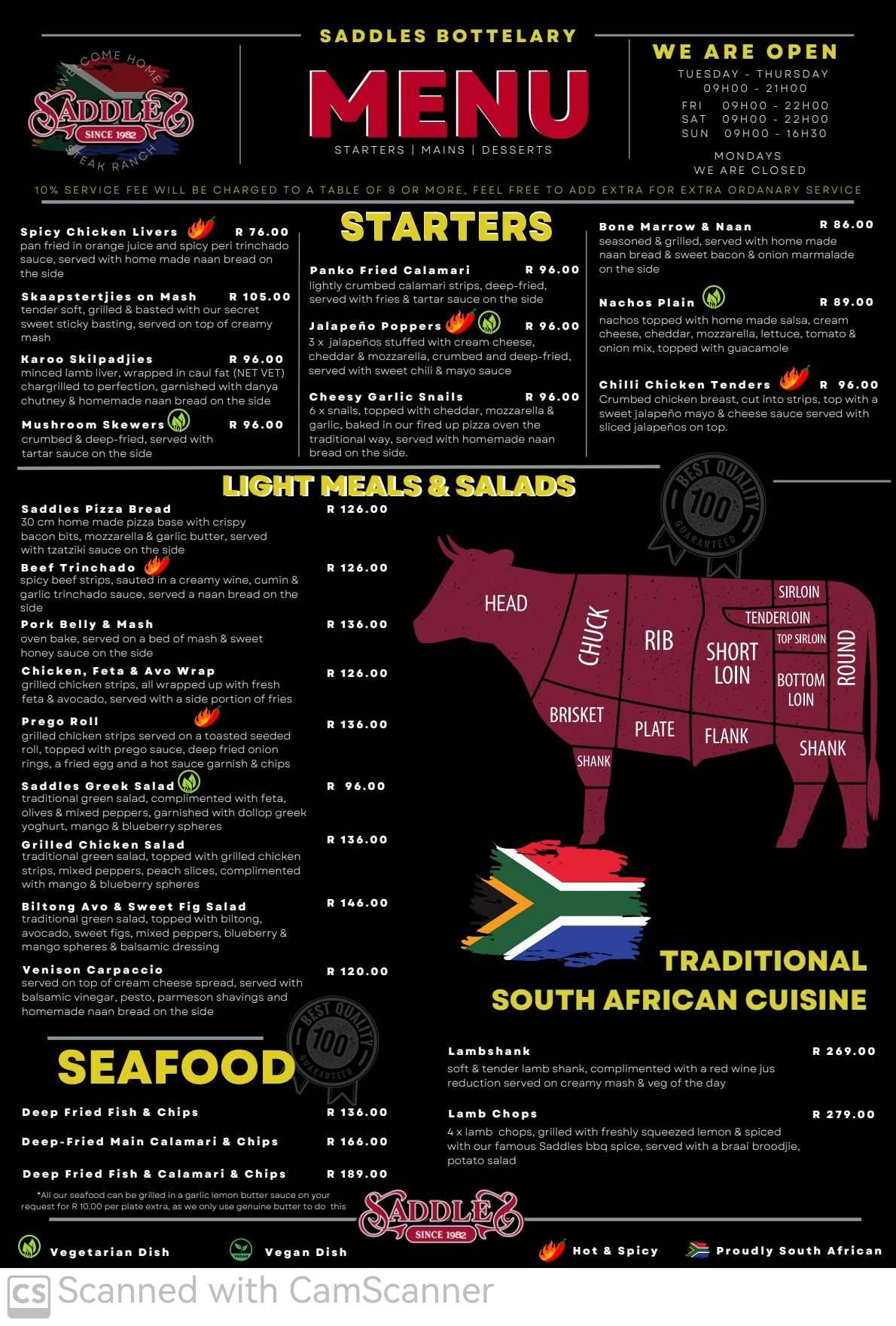 Menu at Saddles Steak Ranch Bottelary restaurant, Cape Town