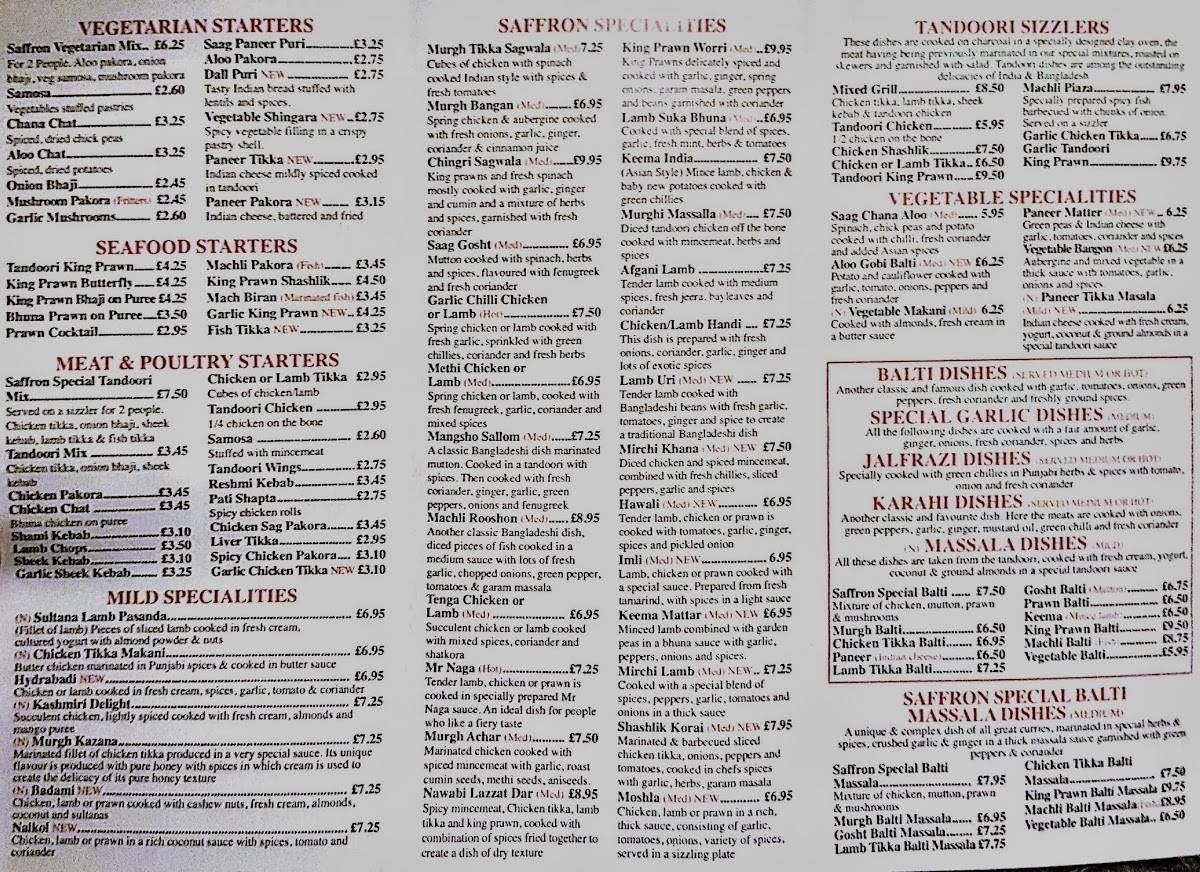 Menu at Saffron Garforth restaurant, Leeds, 11 Main St