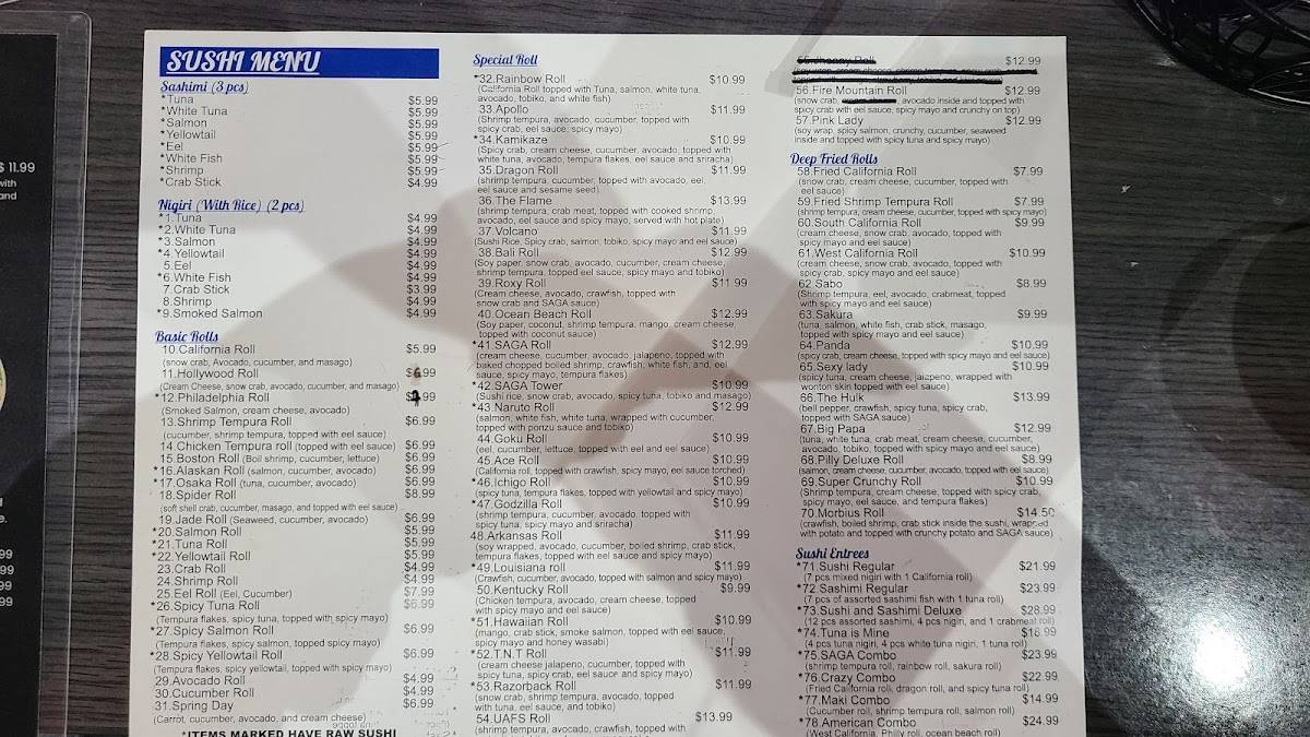 Menu at Saga restaurant, Fort Smith