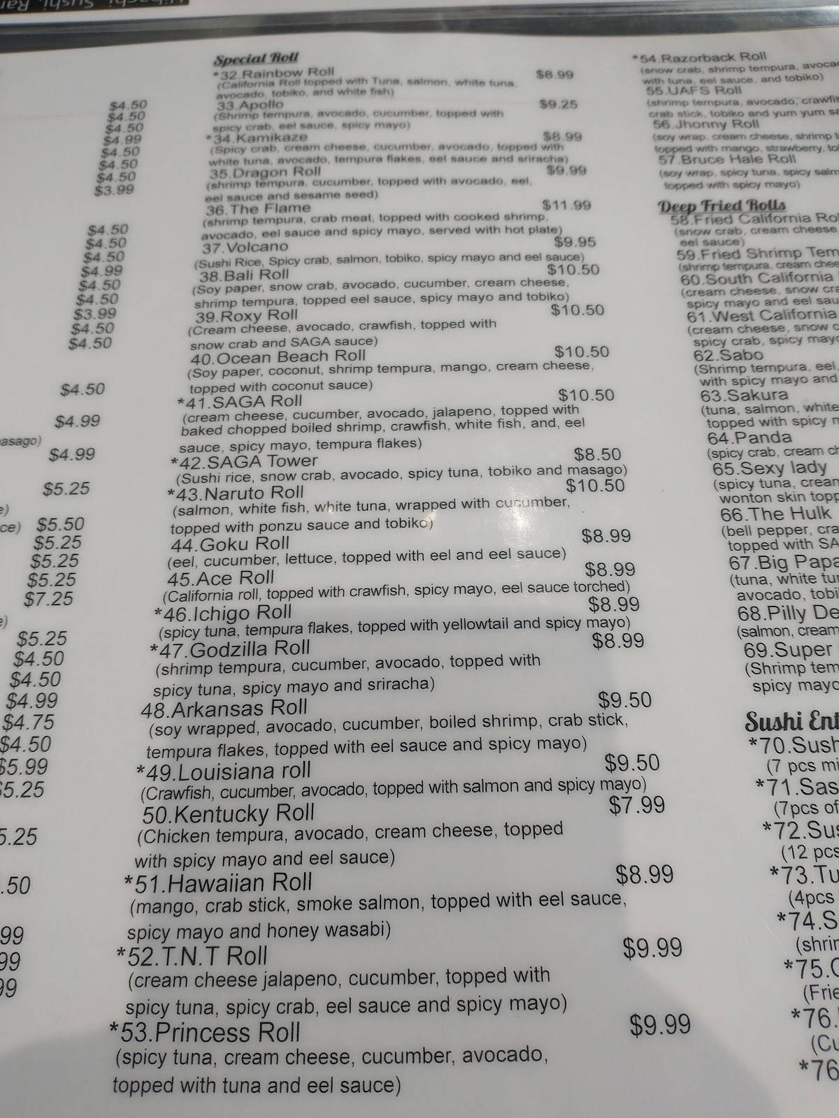 Menu at Saga restaurant, Fort Smith