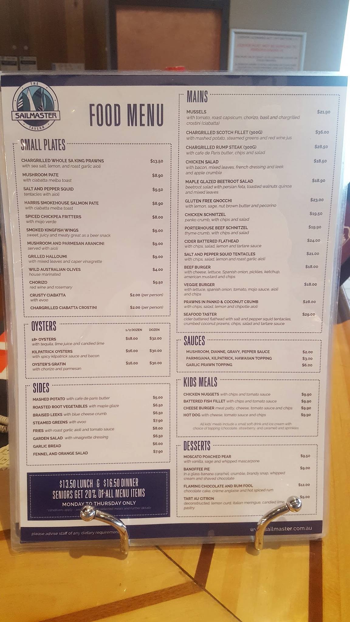 Menu at Sailmaster Tavern pub & bar, North Haven, 16 Arcadia Ct
