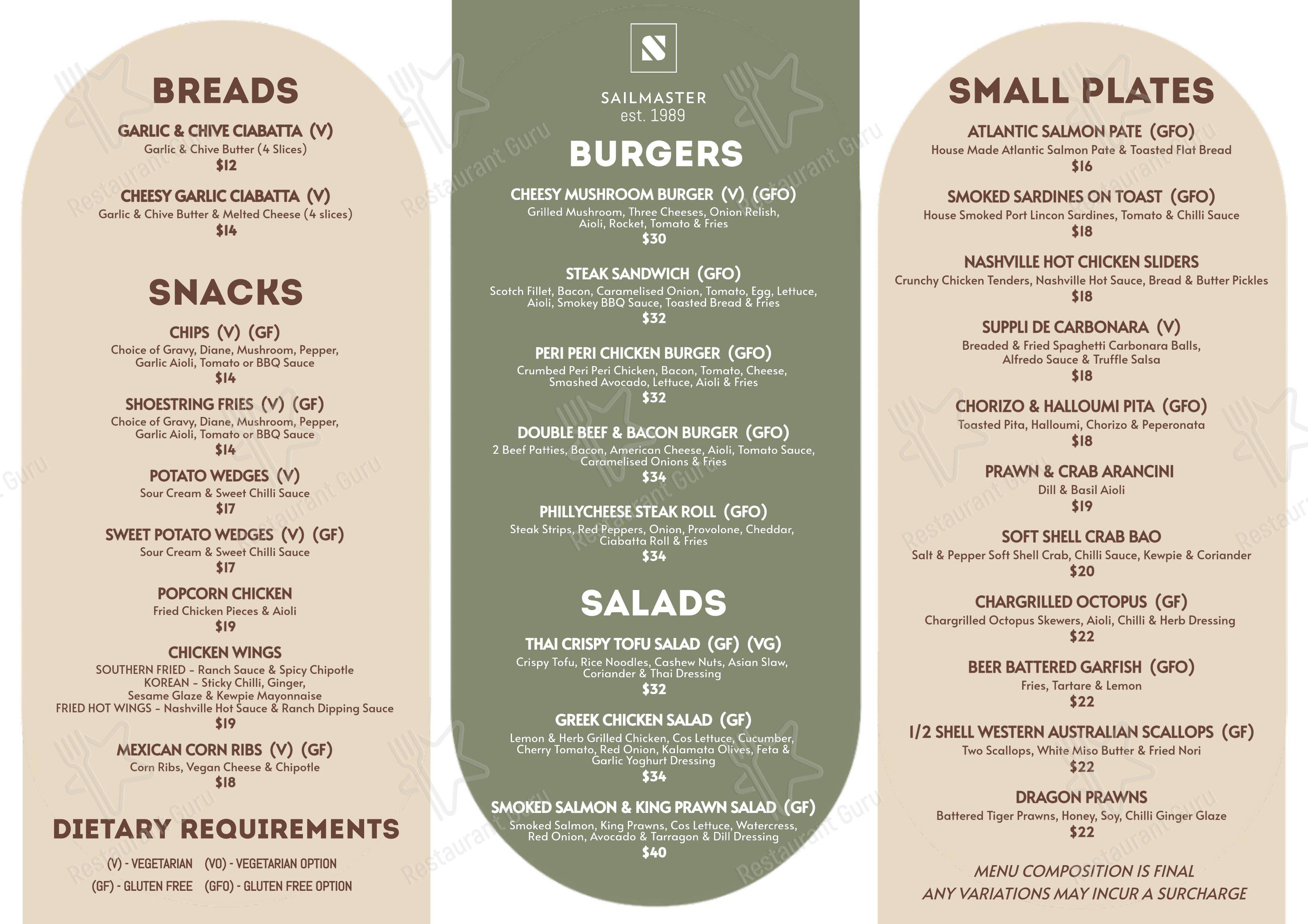 Menu at Sailmaster Tavern pub & bar, North Haven, 16 Arcadia Ct