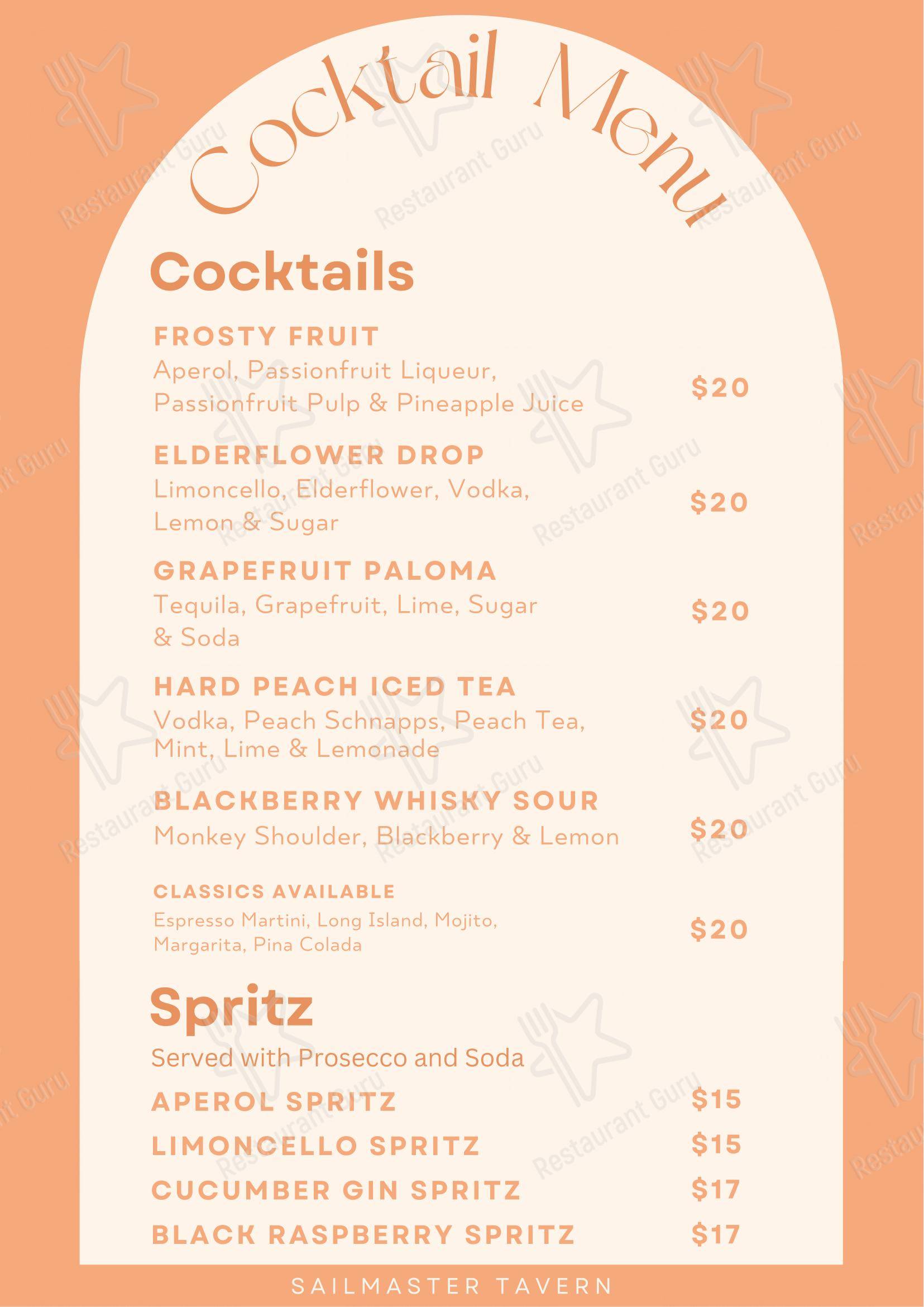 Menu at Sailmaster Tavern pub & bar, North Haven, 16 Arcadia Ct