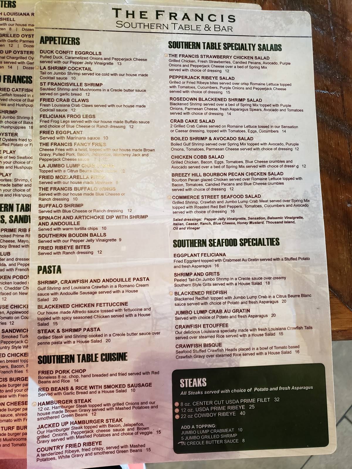 Menu at The Francis Southern Table & Bar, Saint Francisville, US-61
