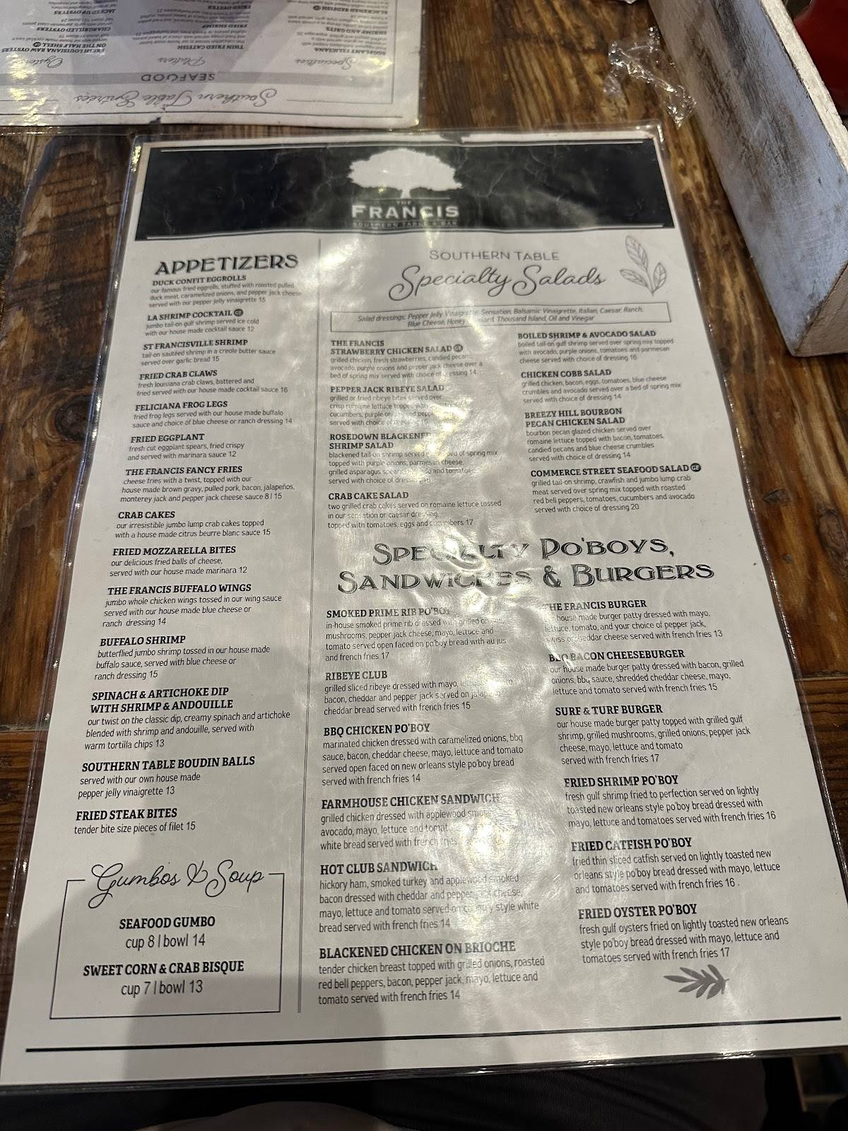 Menu at The Francis Southern Table & Bar, Saint Francisville, US-61
