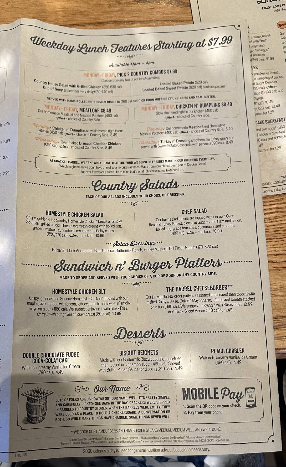 Menu at Cracker Barrel Old Country Store, St. George