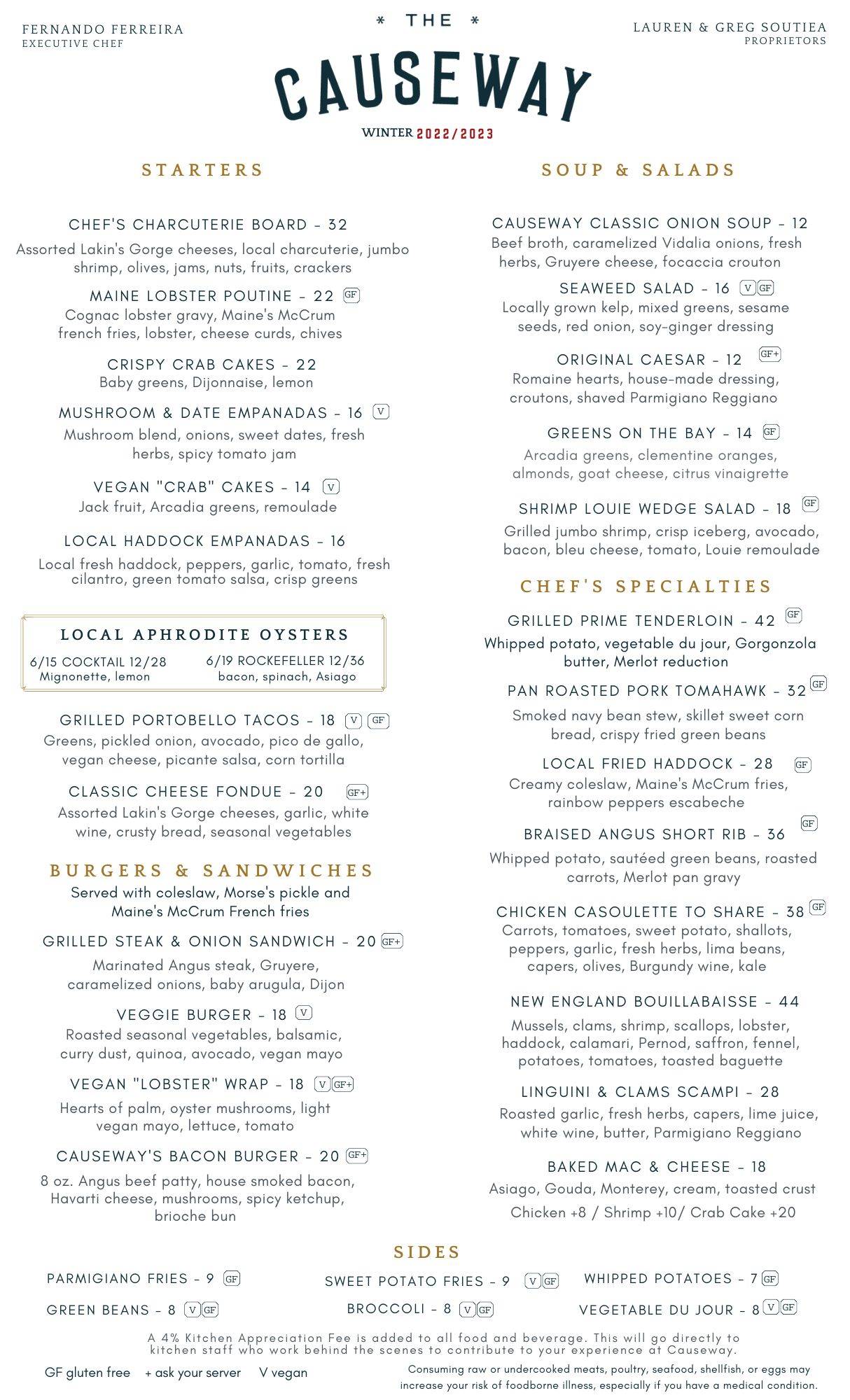 Menu at The Causeway Restaurant, South Thomaston
