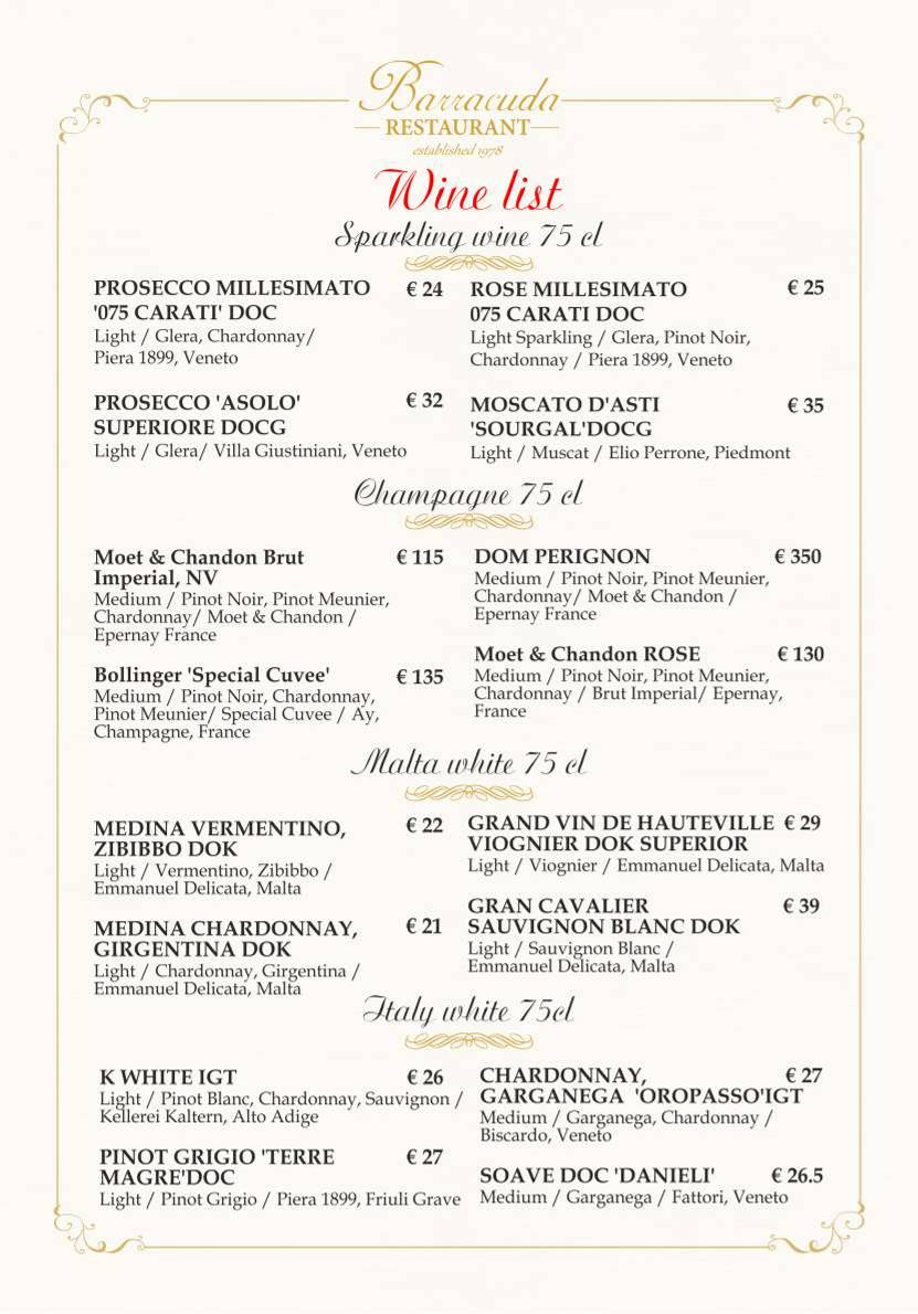 Menu at Barracuda Restaurant, Saint Julian's